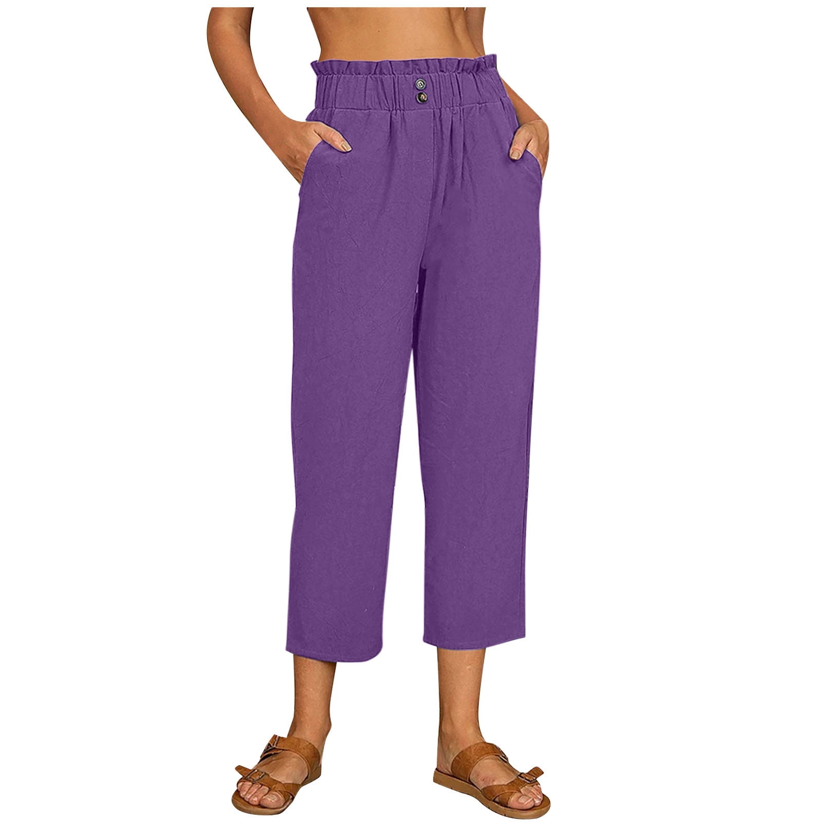 RYRJJ High Waist Linen Capris Pants for Women Casual Summer Wide Leg ...