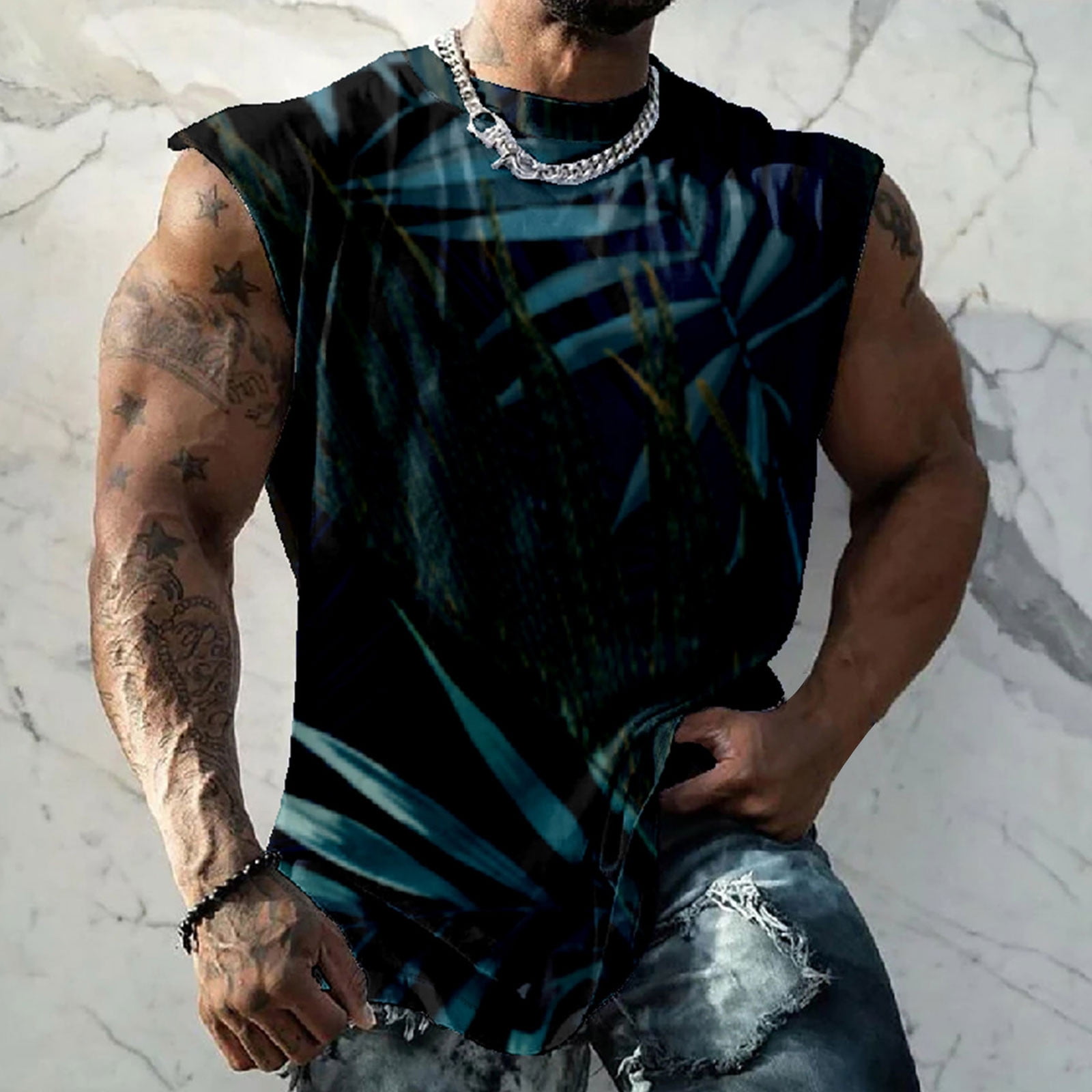 Clearance Rciityk Mens Beach Tank Top Summer Tropical Palm Tree Print Sleeveless Tee Shirt Loose ...