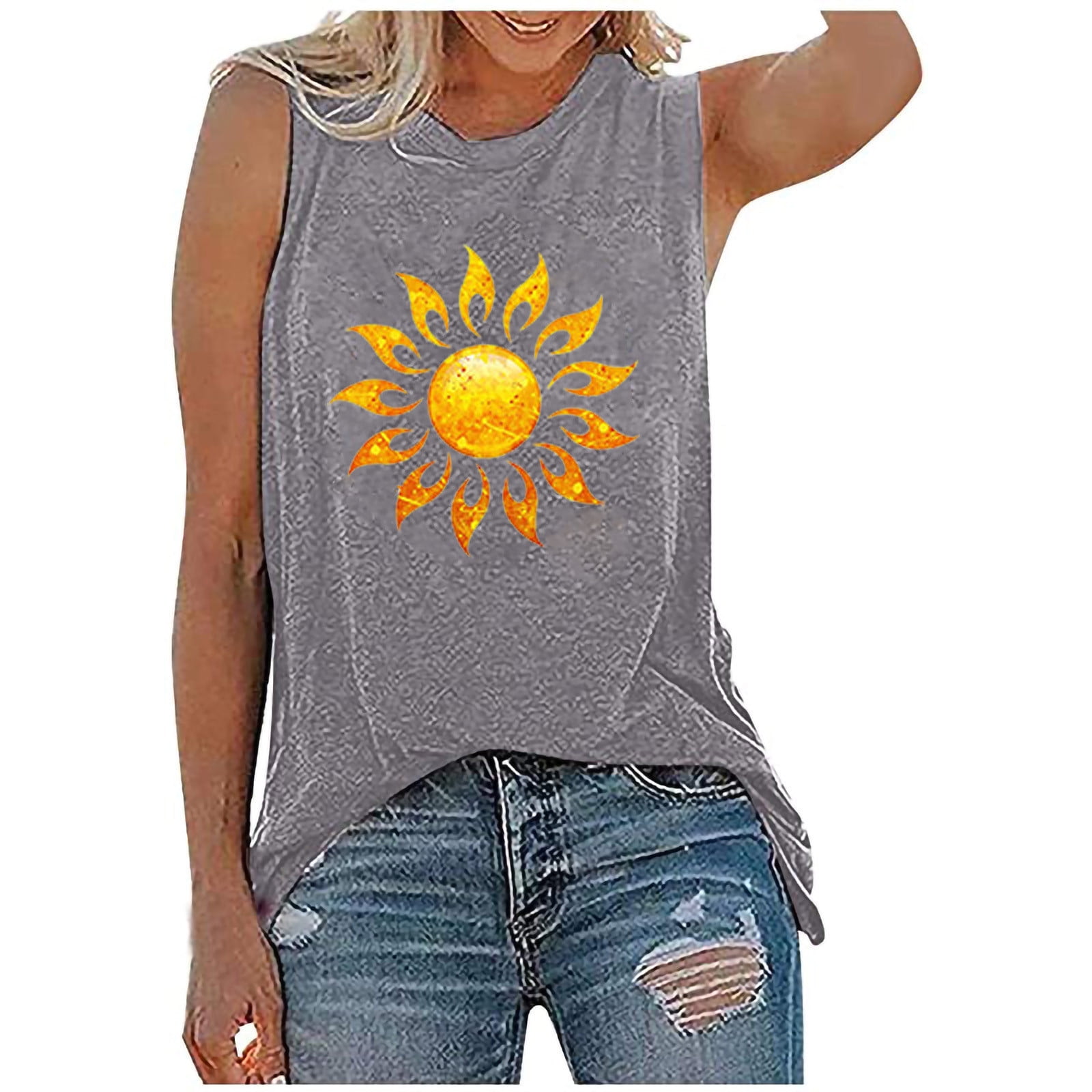 Plus Size Tank Tops for Women Floral Sun Graphic Print Tank Casual ...