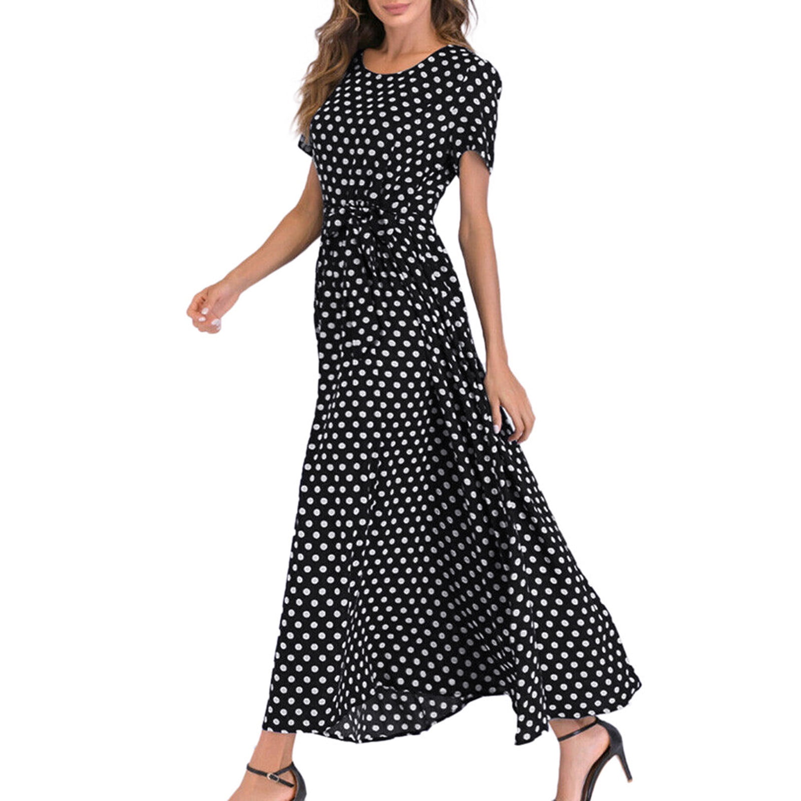 Dresses for Women 2023 Short Sleeve Printing Polka Dot Dress Round Neck ...