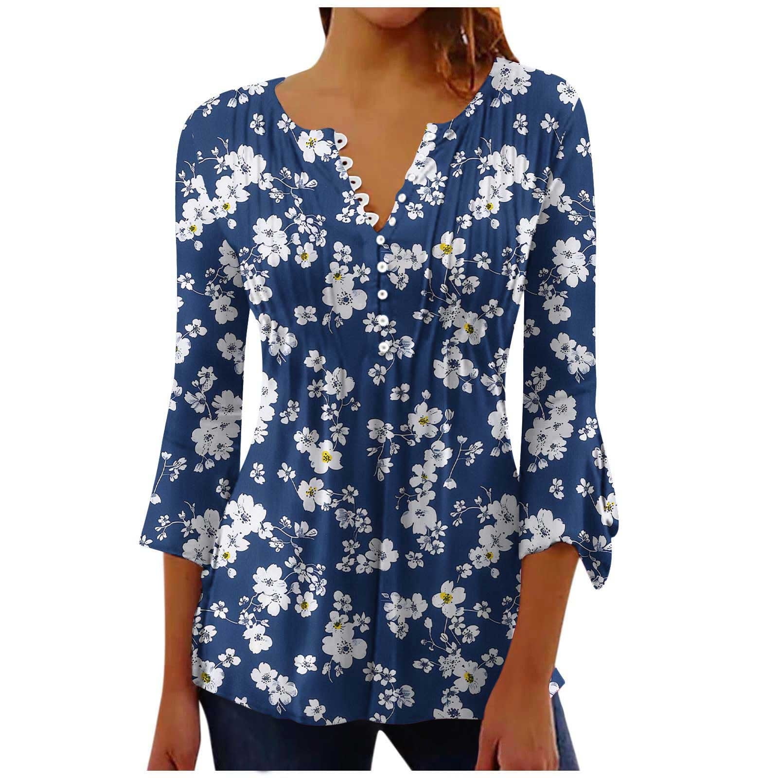 Inleife Casual Tops for Women Floral Printed Button Pleated Belted Horn ...