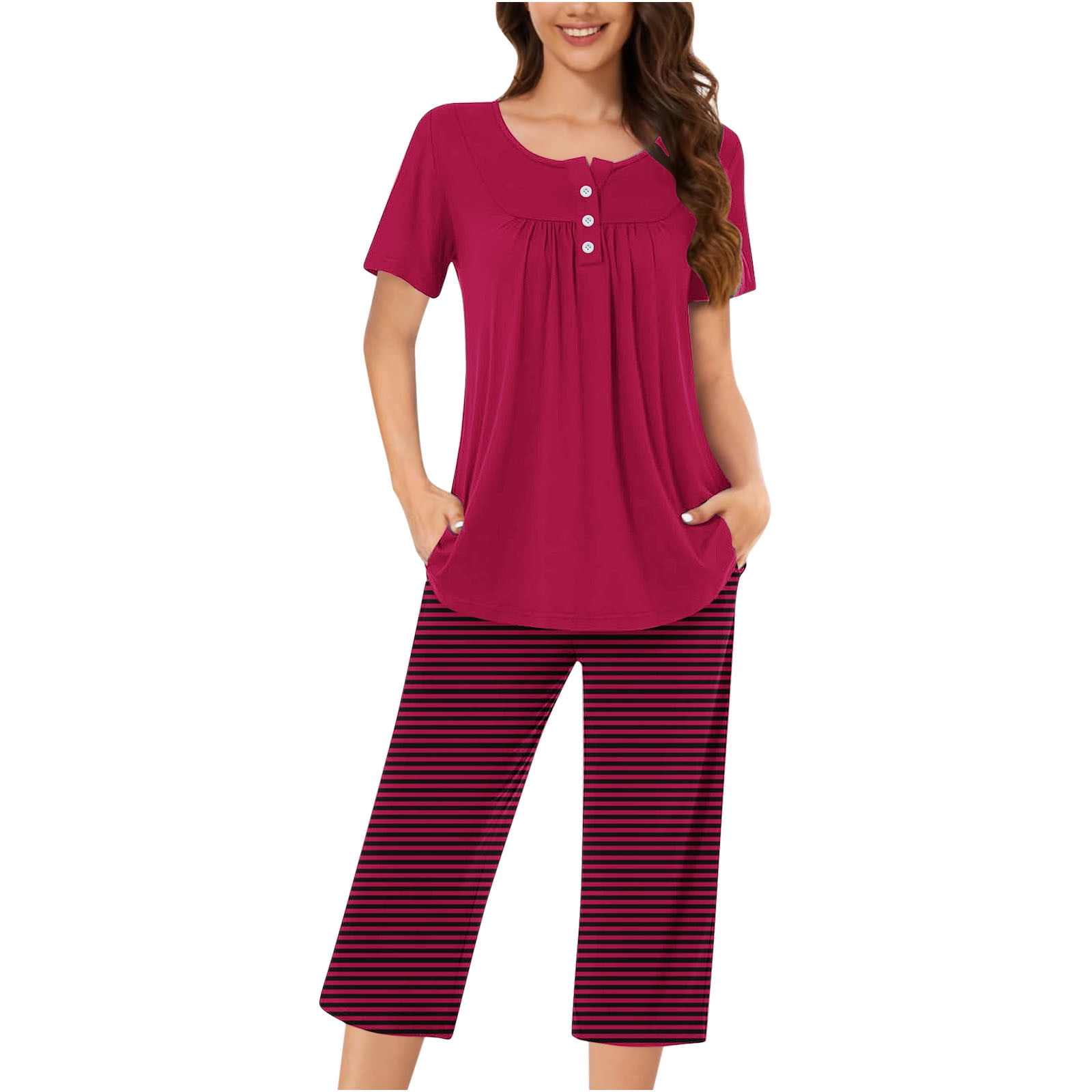 kttectoa Trendy Pleated Button Pajamas Sets Plus Size Summer Outfits ...