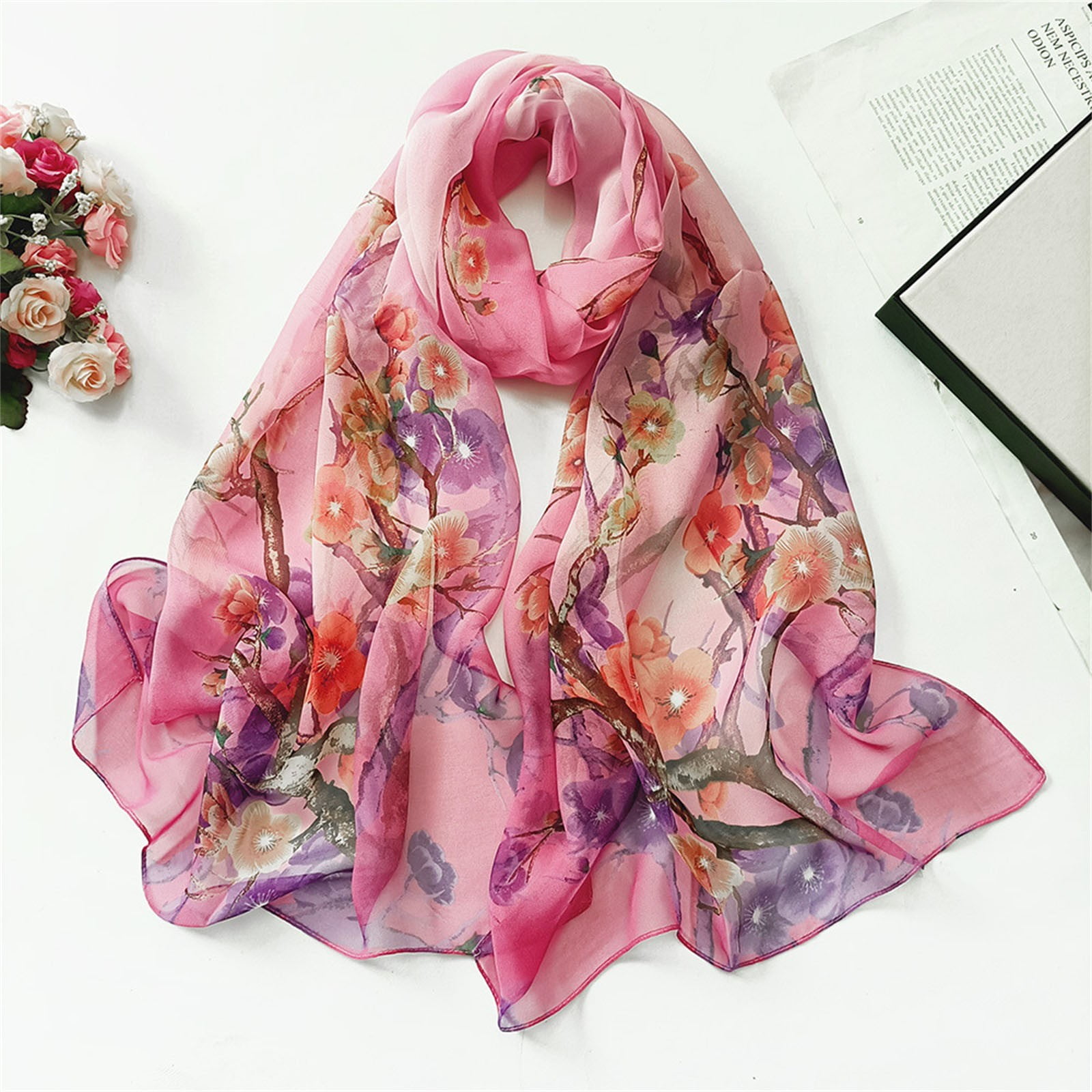 ZICTH Lightweight Floral Print Scarf, Chiffon Shawl Wraps for Women ...