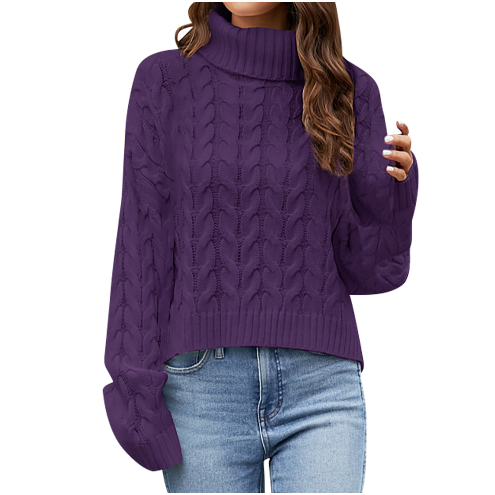 Clearance Solid Comfy Sweater Turtleneck Long Sleeve Cable Knit Tops ...
