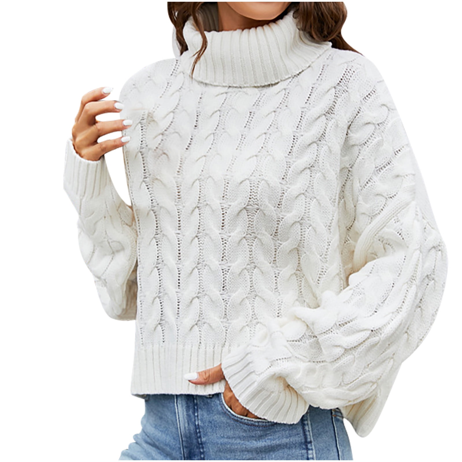 Clearance Solid Comfy Sweater Turtleneck Long Sleeve Cable Knit Tops ...