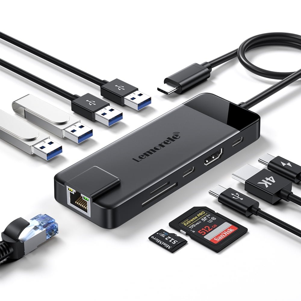 Lemorele 10-in-1 USB C Hub with 4K HDMI, RJ45, USB A/C, 100W Power Delivery - Walmart.com