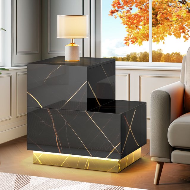 Uforic Marble Black LED Nightstand, L-Shaped Bedside Table with Drawers ...