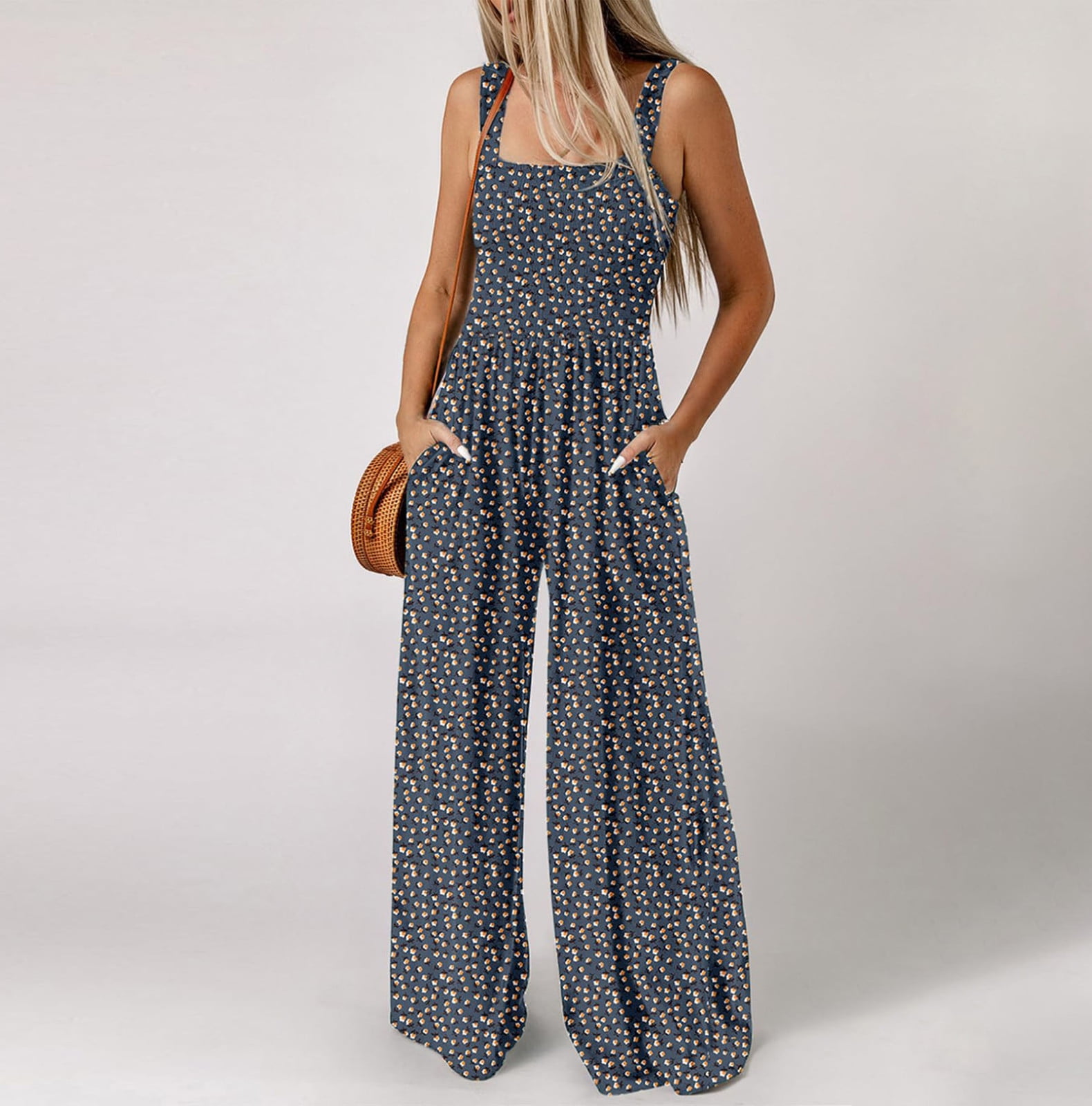 Navy Jumpsuits for Women Casual Loose Overalls Sleeve Less Printed Wide ...