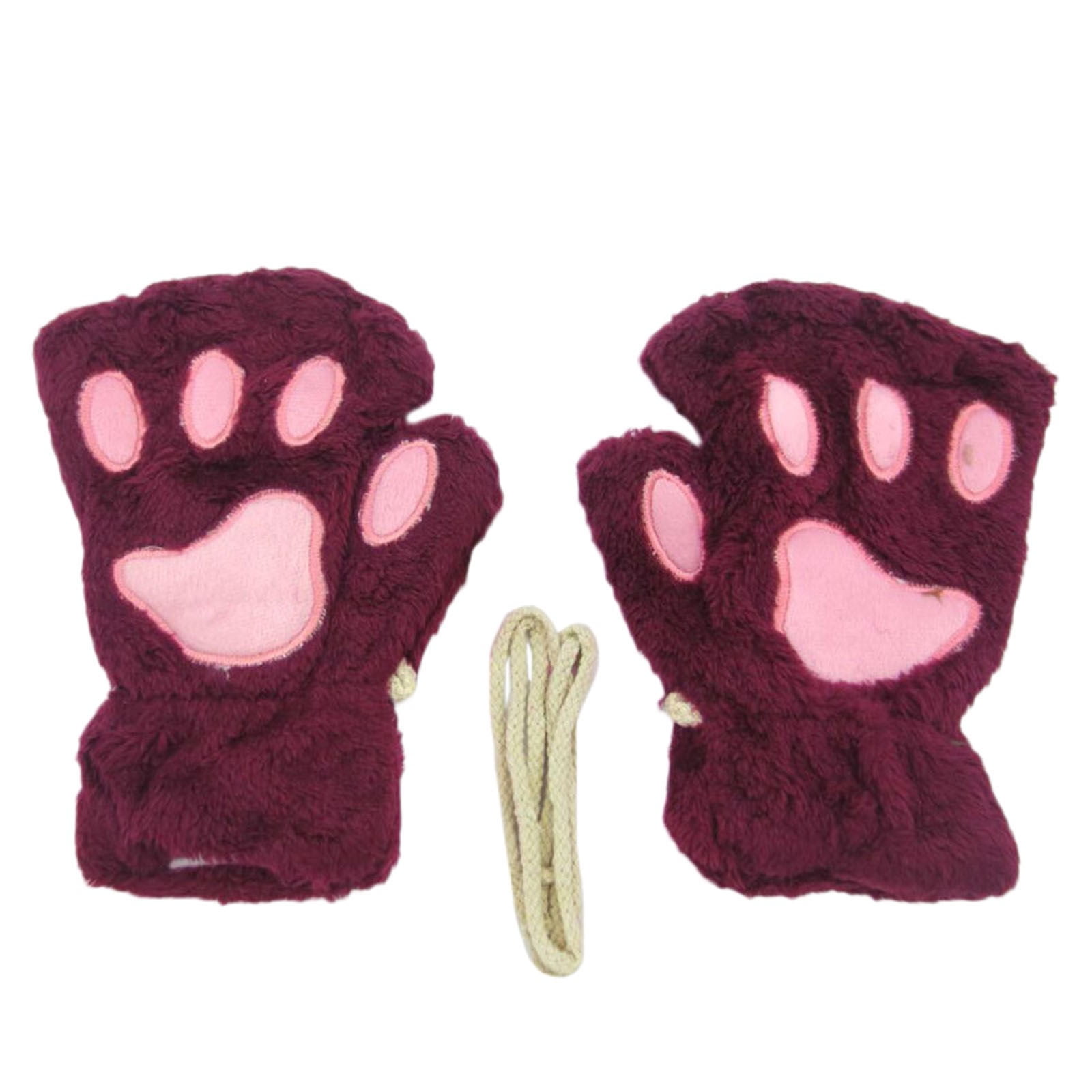 qolati Winter Plush Faux Fur Gloves for Women Cute Puffy Half Finger ...