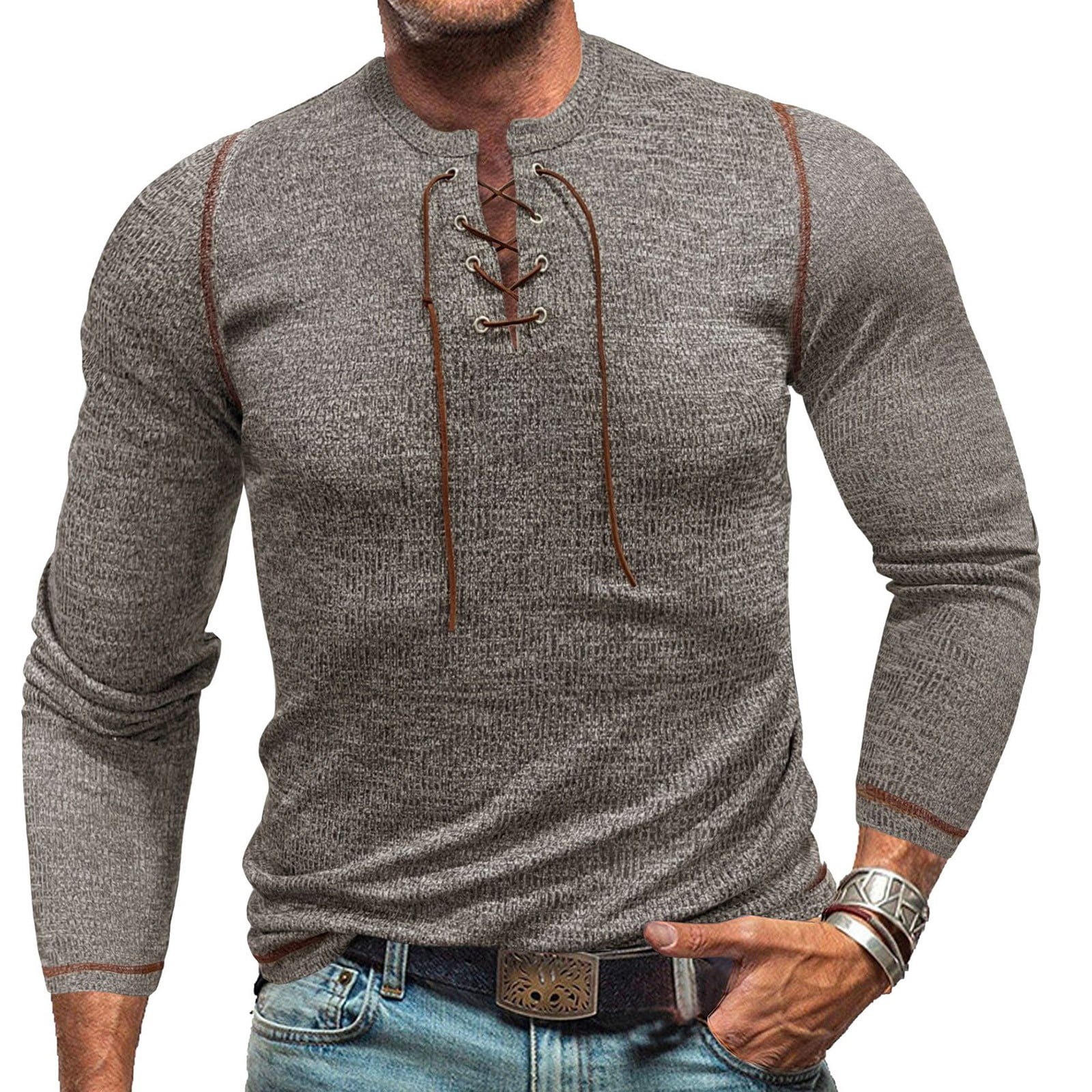 Under $10 Men's Lace Up Crew Neck Shirts Casual Slim Fit Outdoor Sports ...