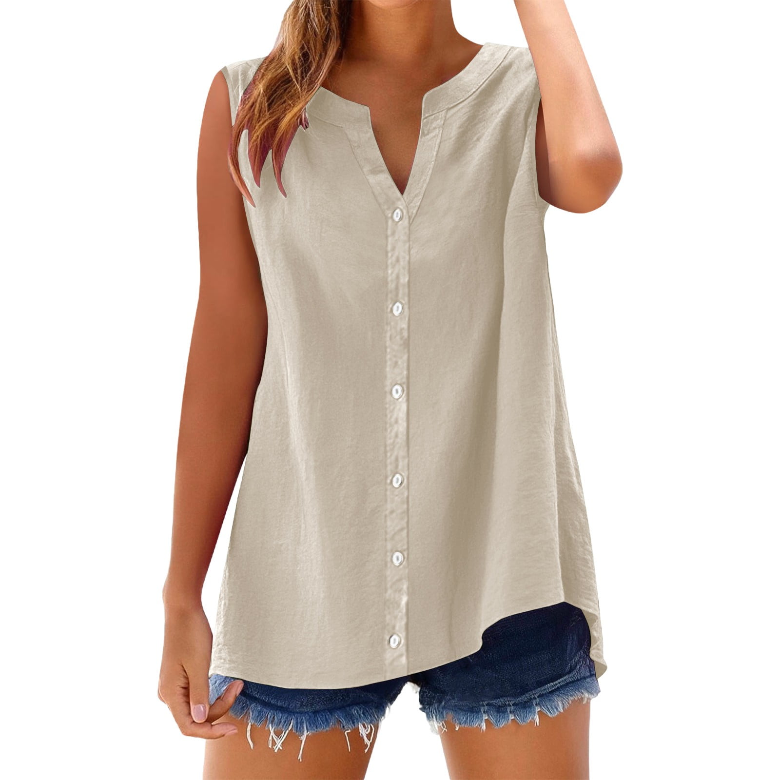 Uooqdmx Linen Button Down Shirt Women, Gauze Tops for Women, Sleeveless ...