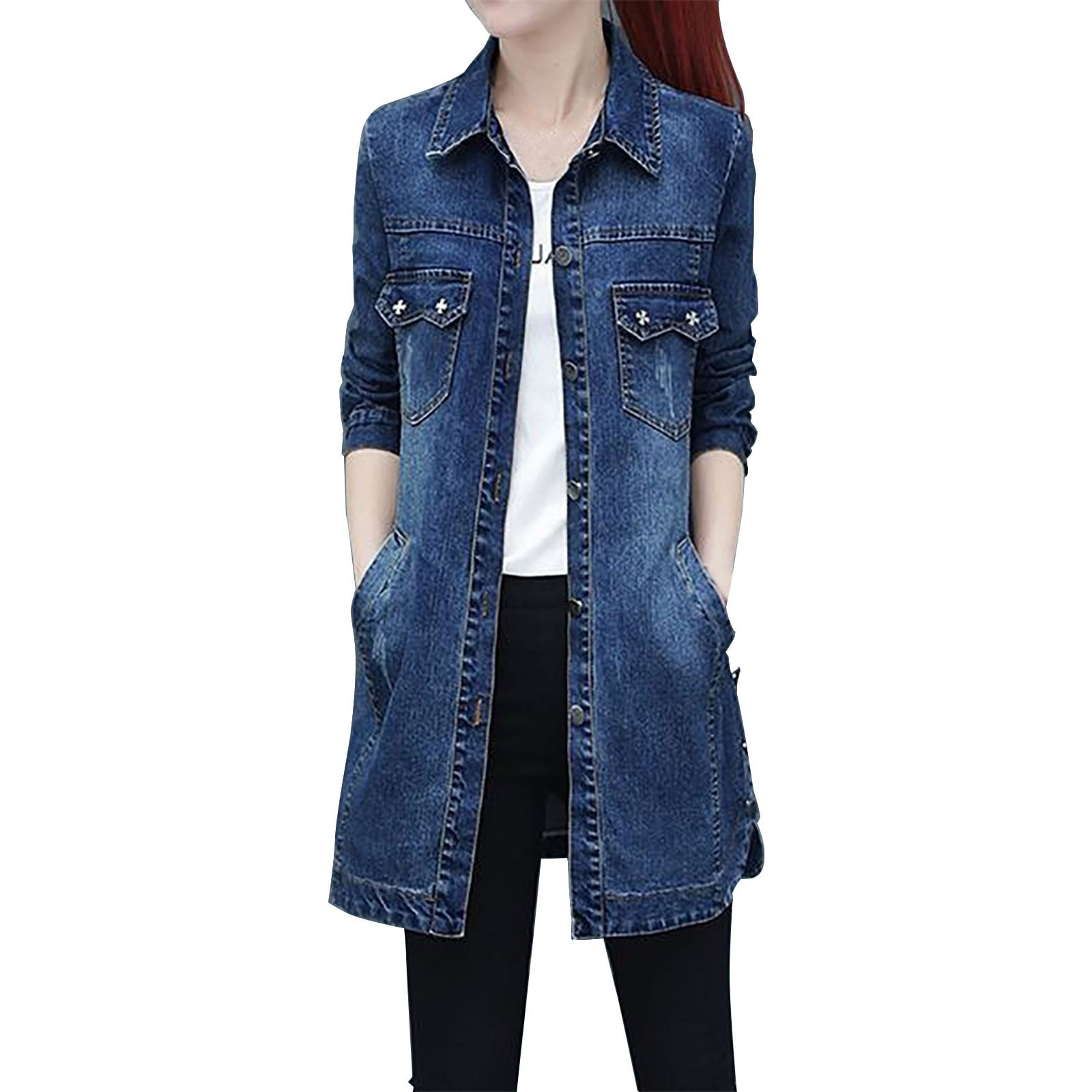Clearance!Uooqdmx Long Jean Jacket, Denim Jacket for Women, Spring ...