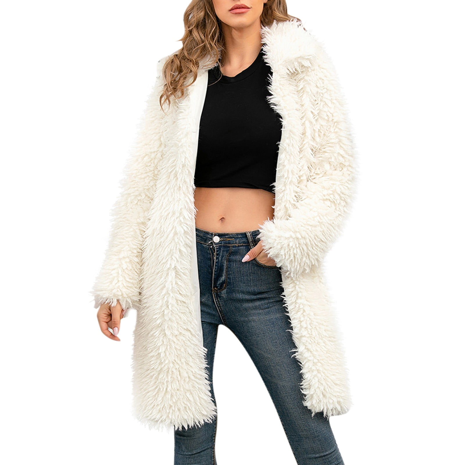 Clearance!Uooqdmx Trench Coat Women Faux Fur Coat Long Teddy Coat Winter Warm Puffy Jacket Coat ...