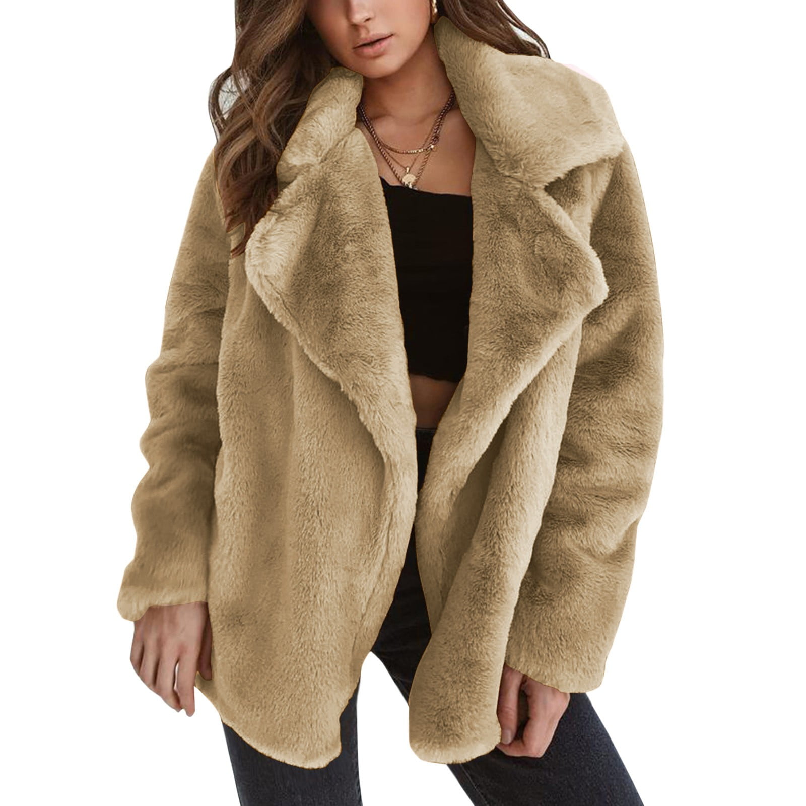 Clearance!Uooqdmx Trench Coat Women Faux Fur Coat Overcoat Thickened Cardigan Solid Color Winter ...