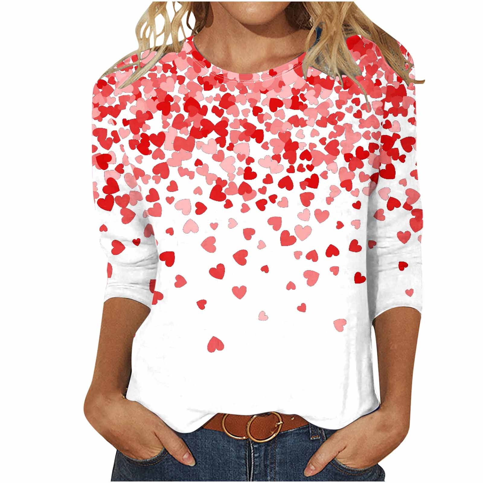 Clearance Valentine's Day 3/4 Sleeve Round Neck Shirts Women Casual ...