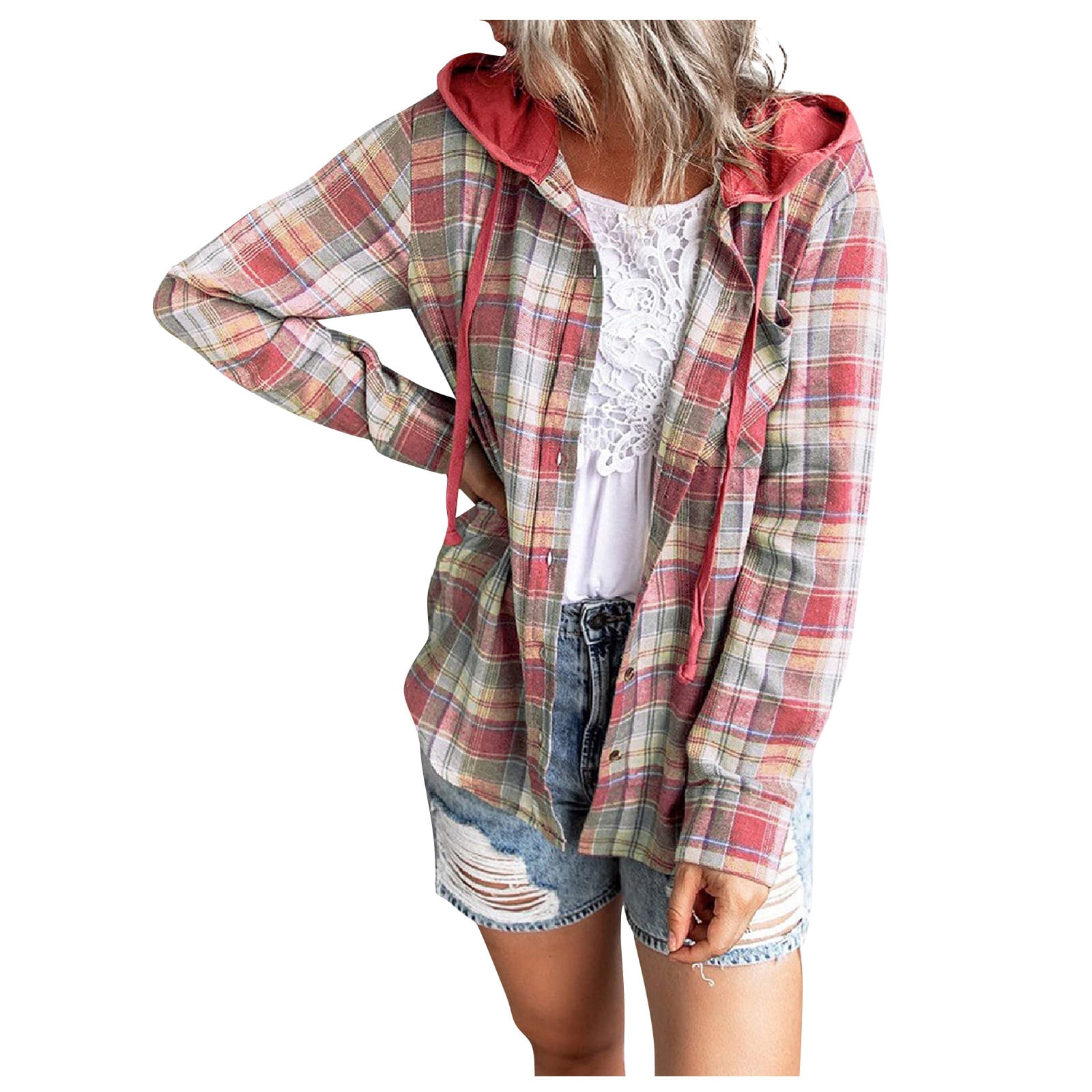 Clearance WEANT Womens Plaid Hoodie Jacket Drawstring Long Sleeve ...