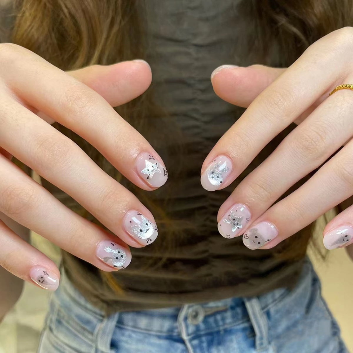 [Clearance] Wear nail short MINI nail cute cartoon rabbit nail art star ...