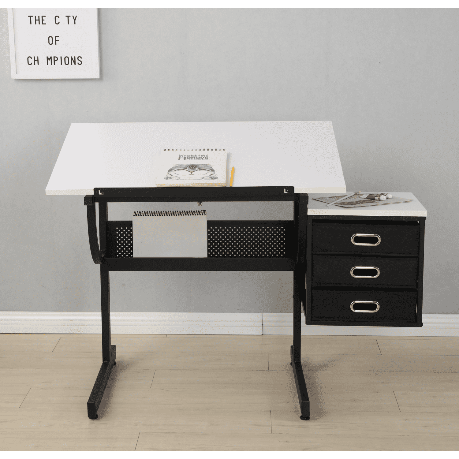 Clearance! White adjustable drafting drawing table with stool and 3 ...