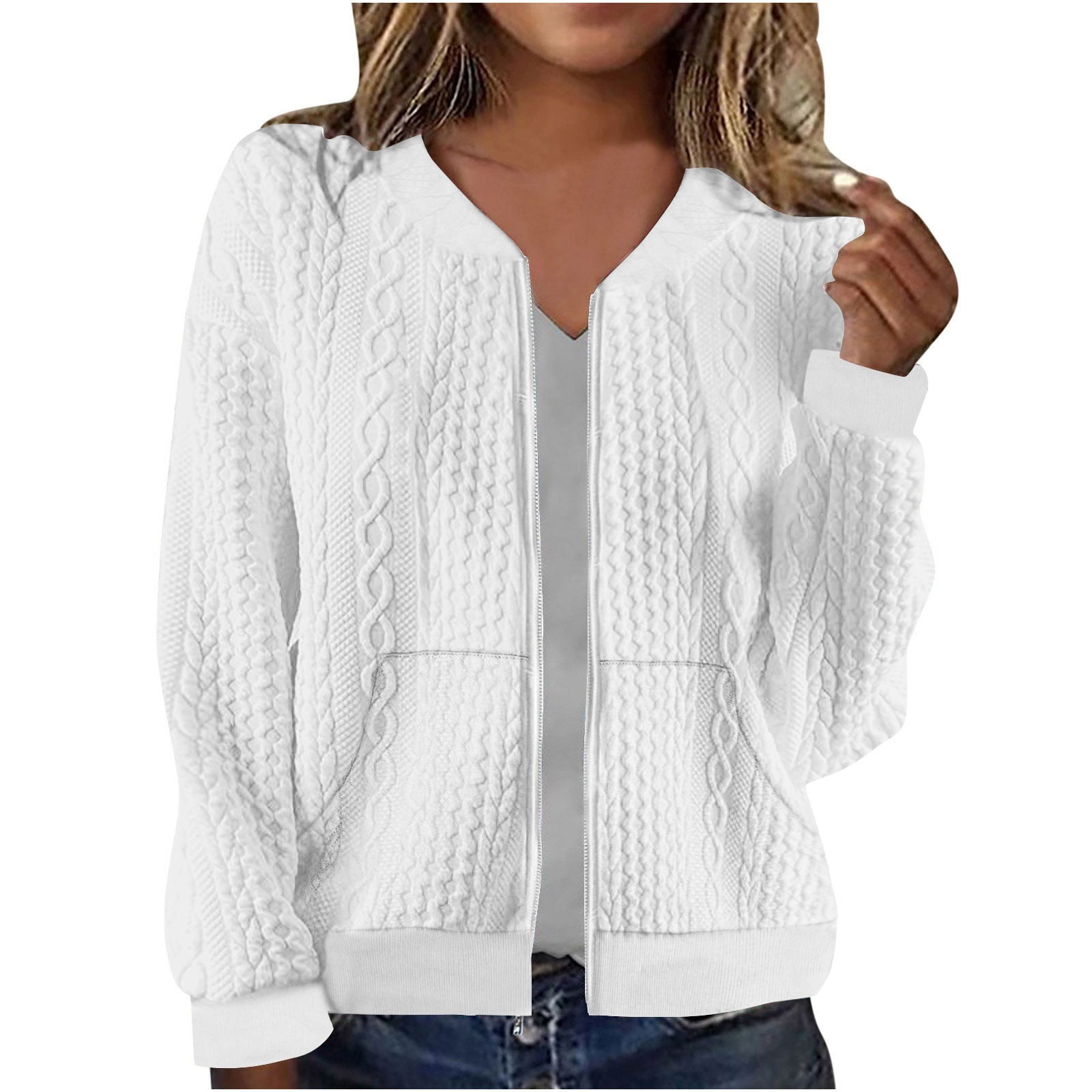 Women Bomber Jacket Full Zip Up Coat with Pockets Long Sleeve Casual ...