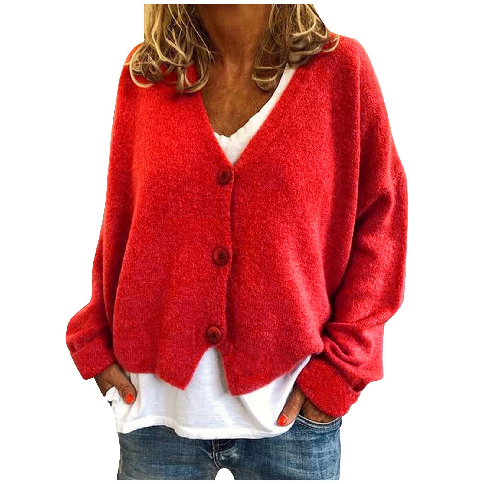 Clearance! Women Fleece Cardigan Long Sleeve V Neck Casual Oversized ...