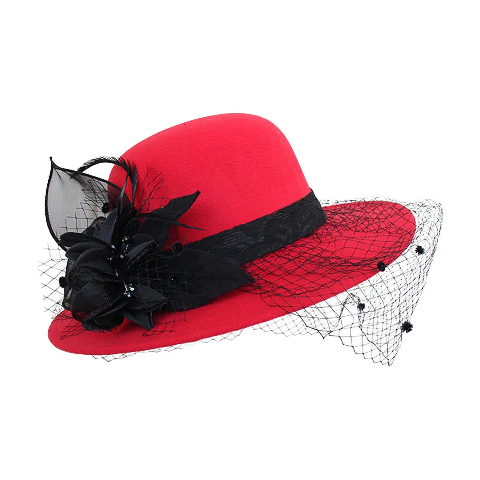 Clearance Women Flower Decor Bowler Fedora Hat with Veil Floppy Brim ...
