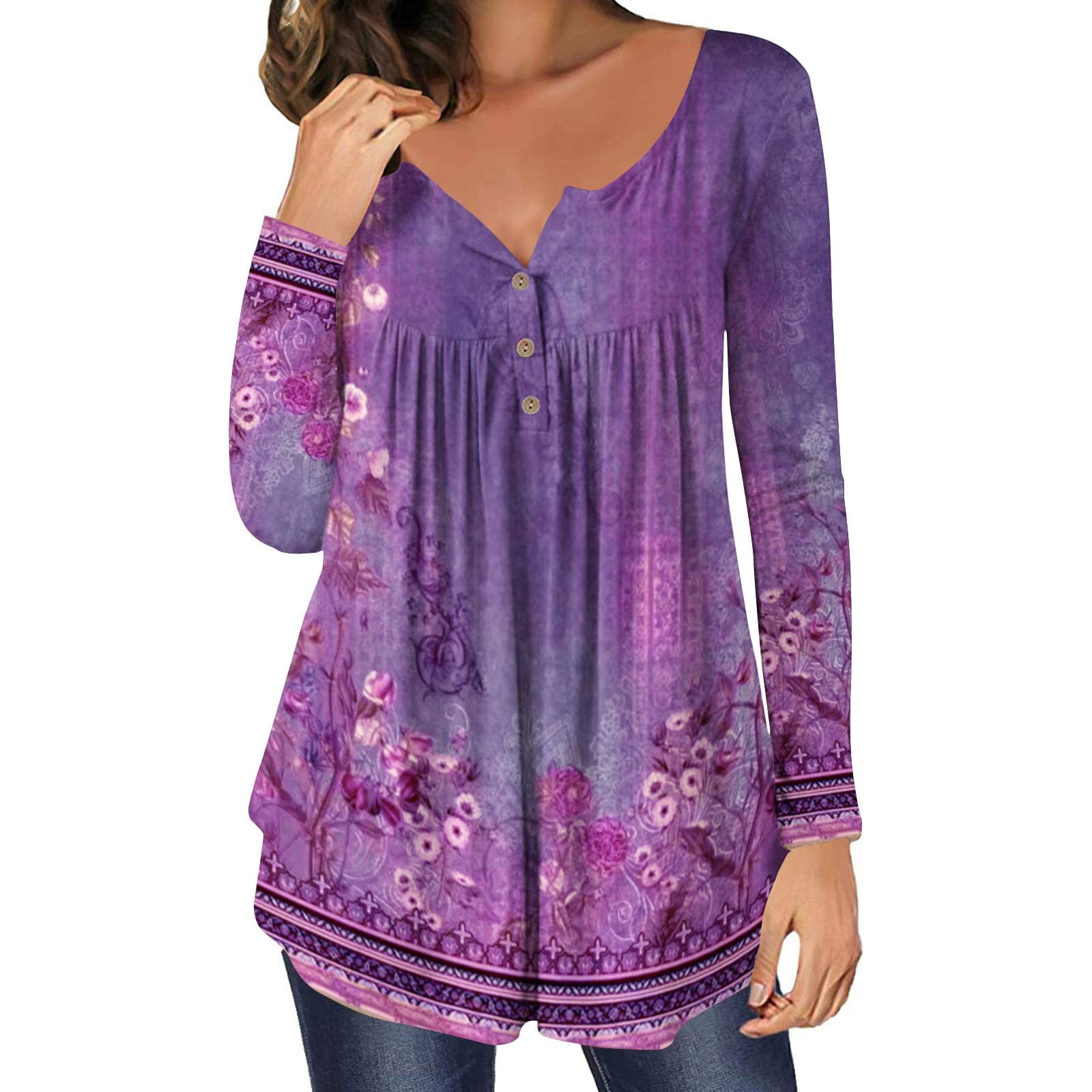 Clearance! Women Henley Shirt Long Length Tunic Tops Long Sleeve ...