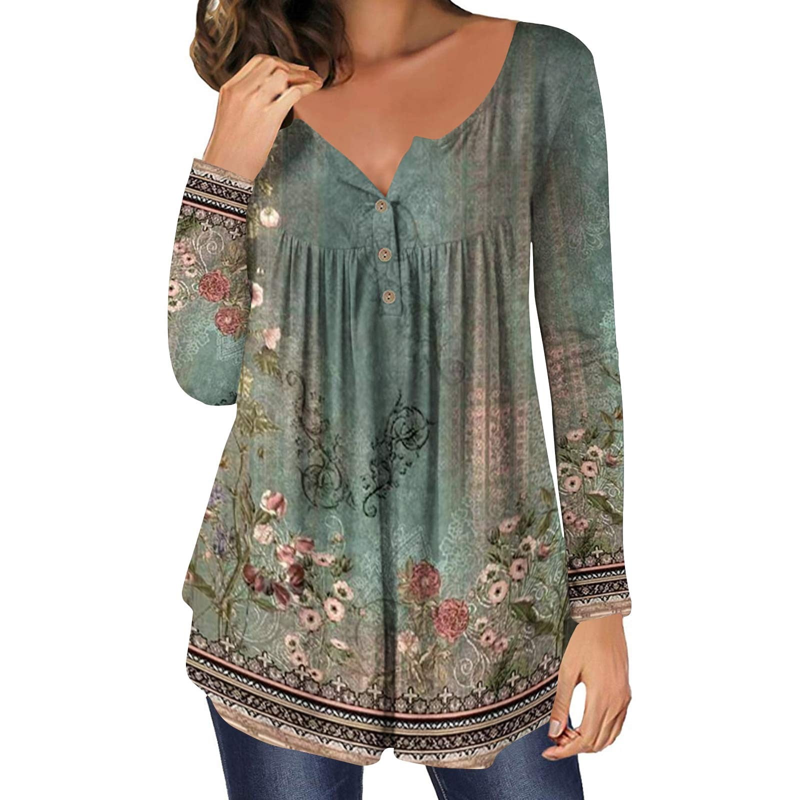 Clearance! Women Henley Shirt Long Length Tunic Tops Long Sleeve ...