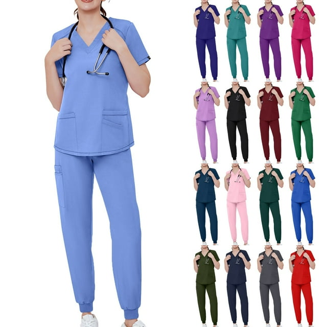 Clearance Women Scrubs Set with Pocket Medical Scrubs Set V-Neck Top ...