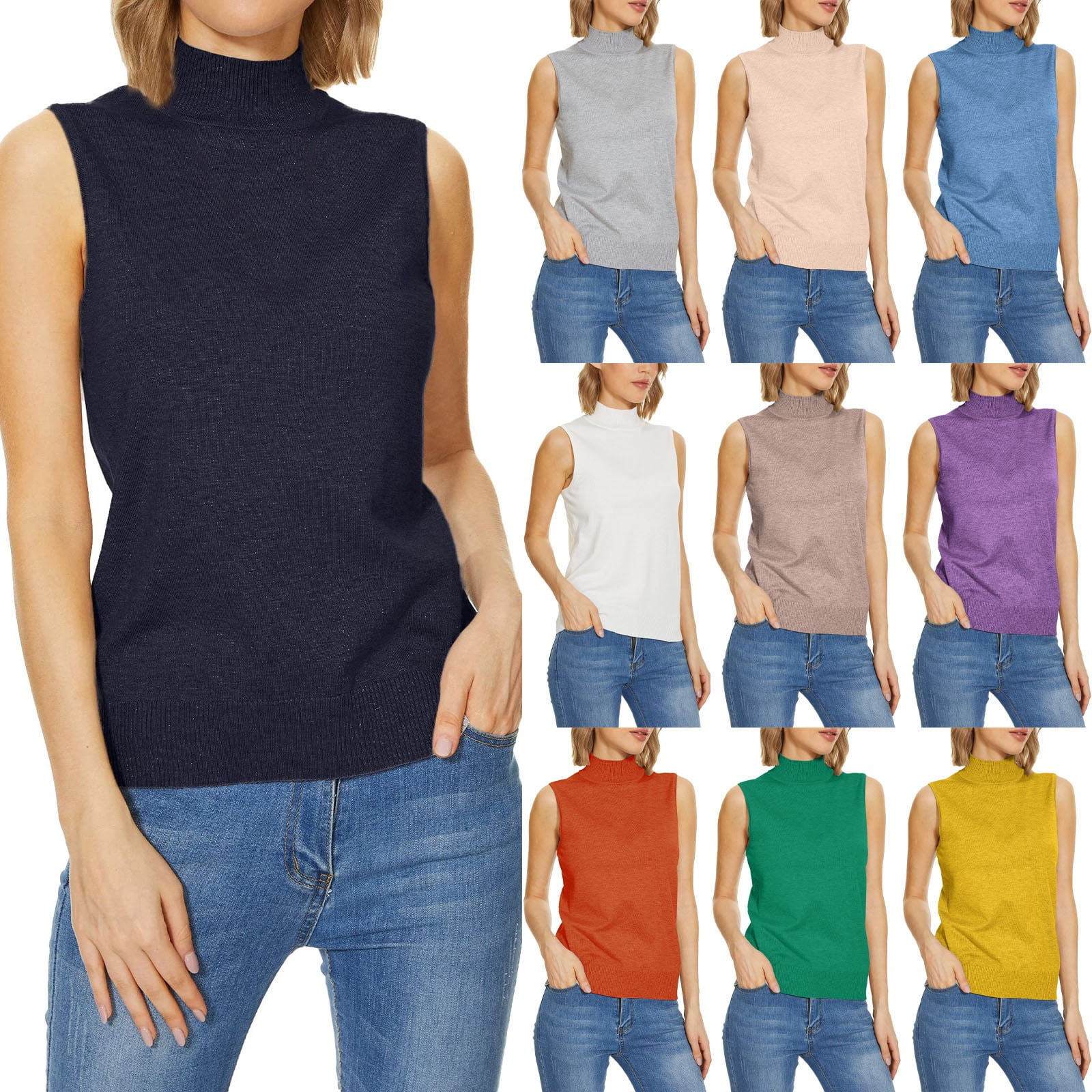 Clearance! Women Sleeveless Mock Neck Tops For Women Sweater Knit Turtleneck Soft Basic Vest ...
