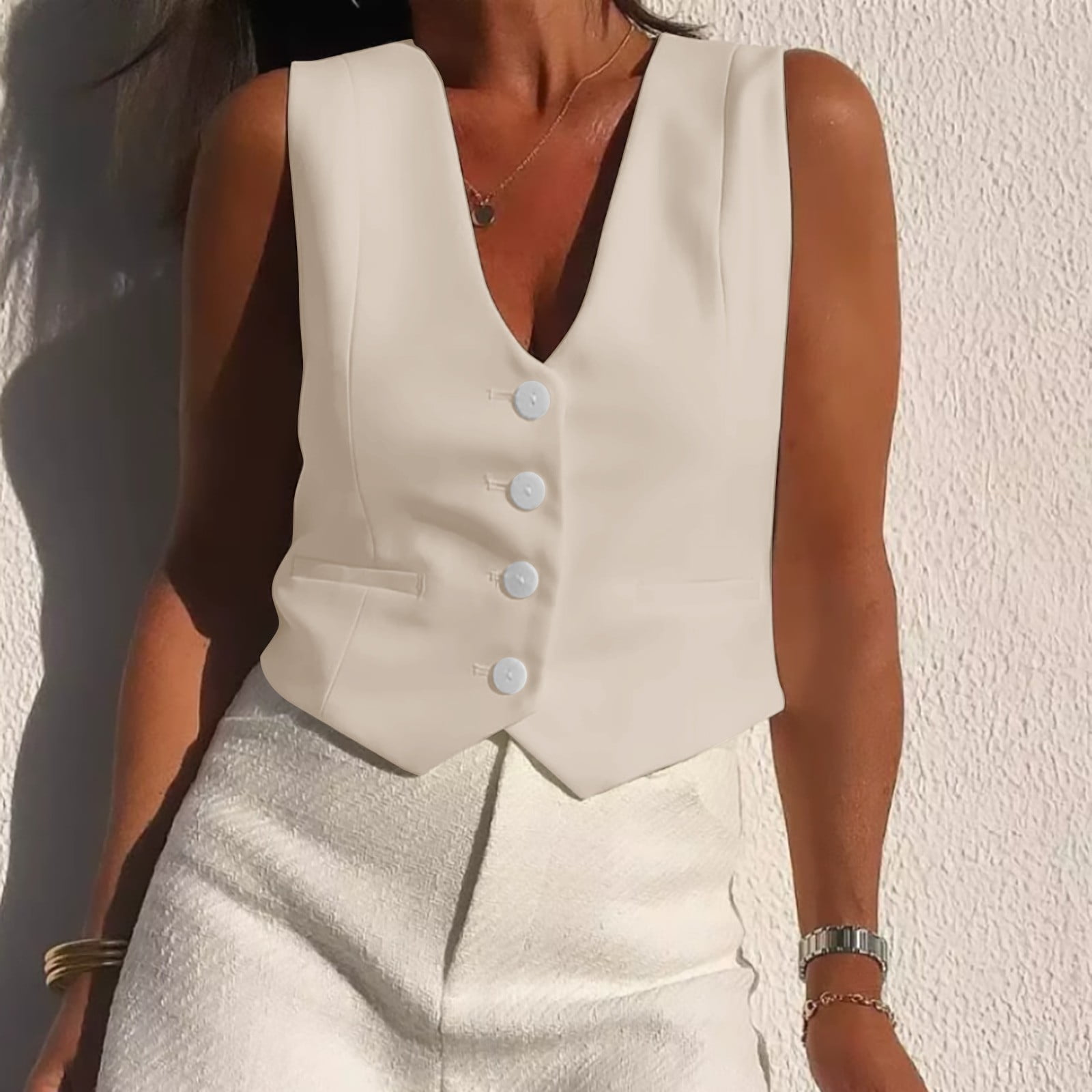Clearance Women's Casual Jackets Women's V Neck Buttons Vest Summer ...