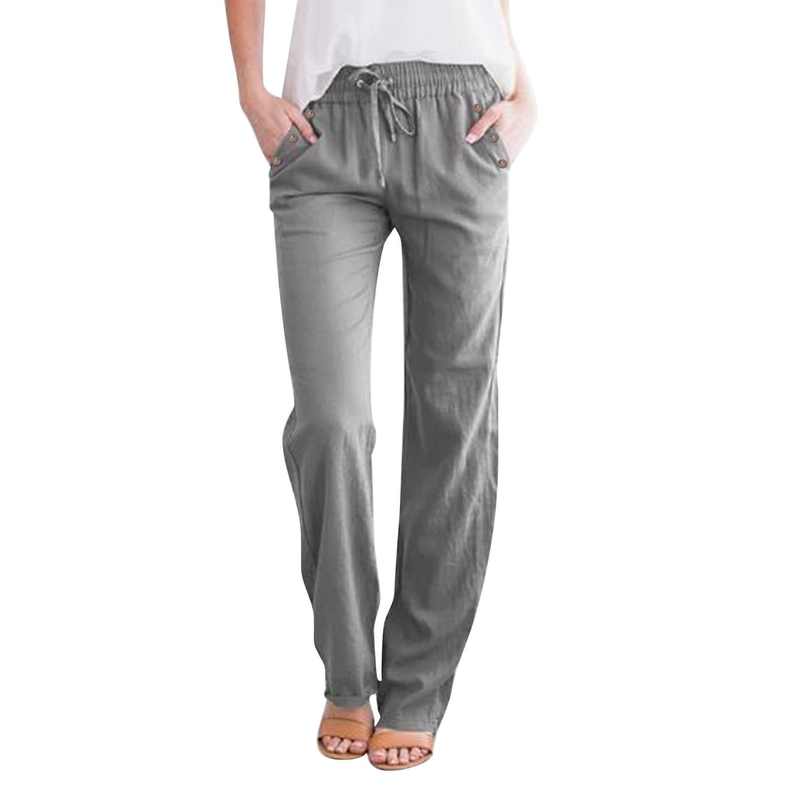 Women's Elastic Waist Lounge Pants Linen Cotton Pants with Drawstring ...