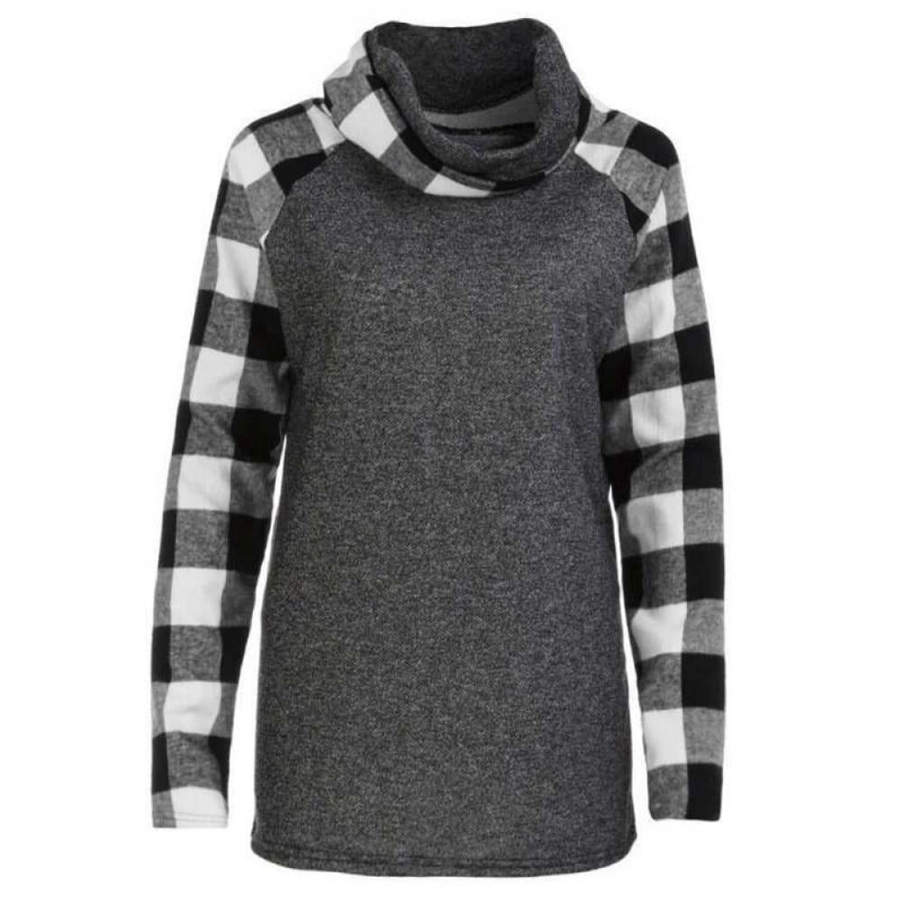 Clearance! Womens Buffalo Plaid Shirts Turtle Neck Blouses, Black, XXL ...
