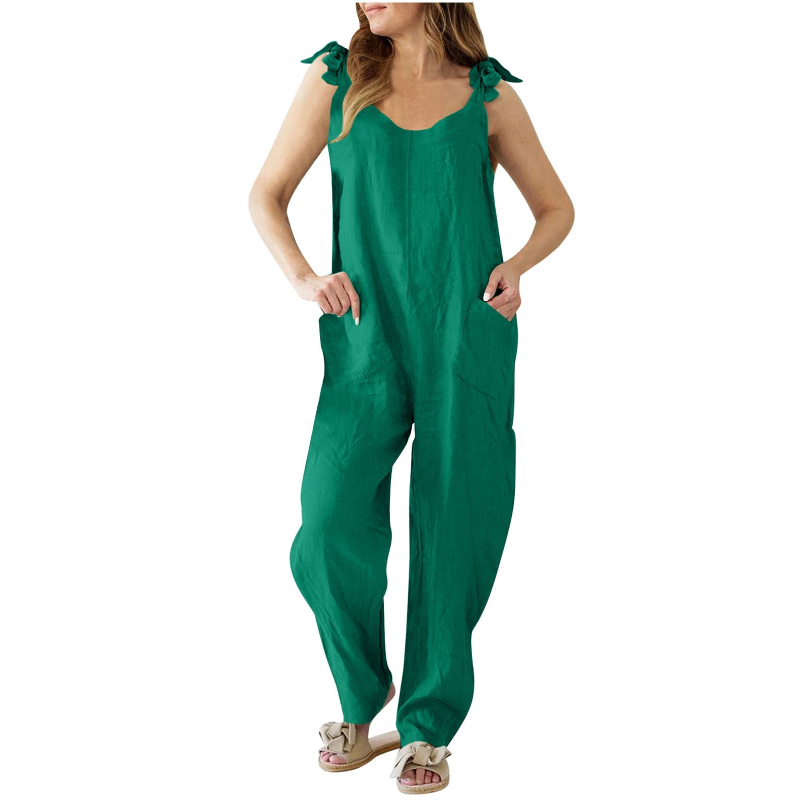 Clearance Womens Cotton Linen Jumpsuit Baggy Stretchy Wide Leg Romper ...