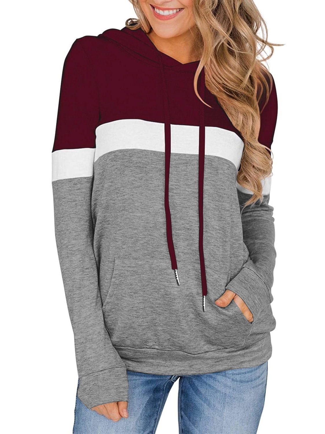 Clearance Womens Long Sleeve Contrast Hooded Drawstring Sweatshirt ...