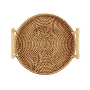 Hand-Woven Rattan Round Serving Tray with Handles, Small Outdoor ...