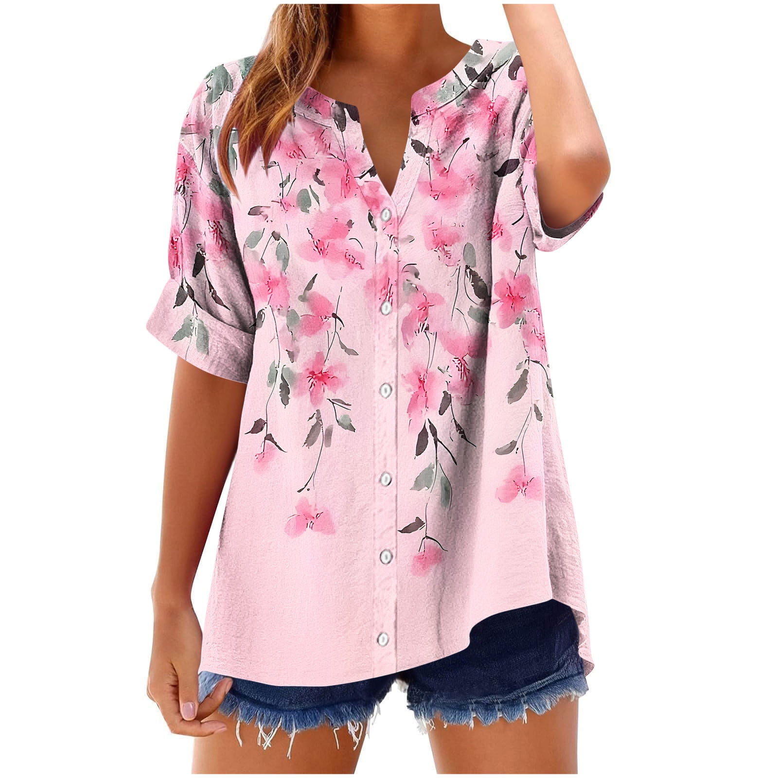 Clearance ZVAVZ Hawaiian Linen Button Down Shirts for Women Blouse roll Up Short Sleeve Loose ...