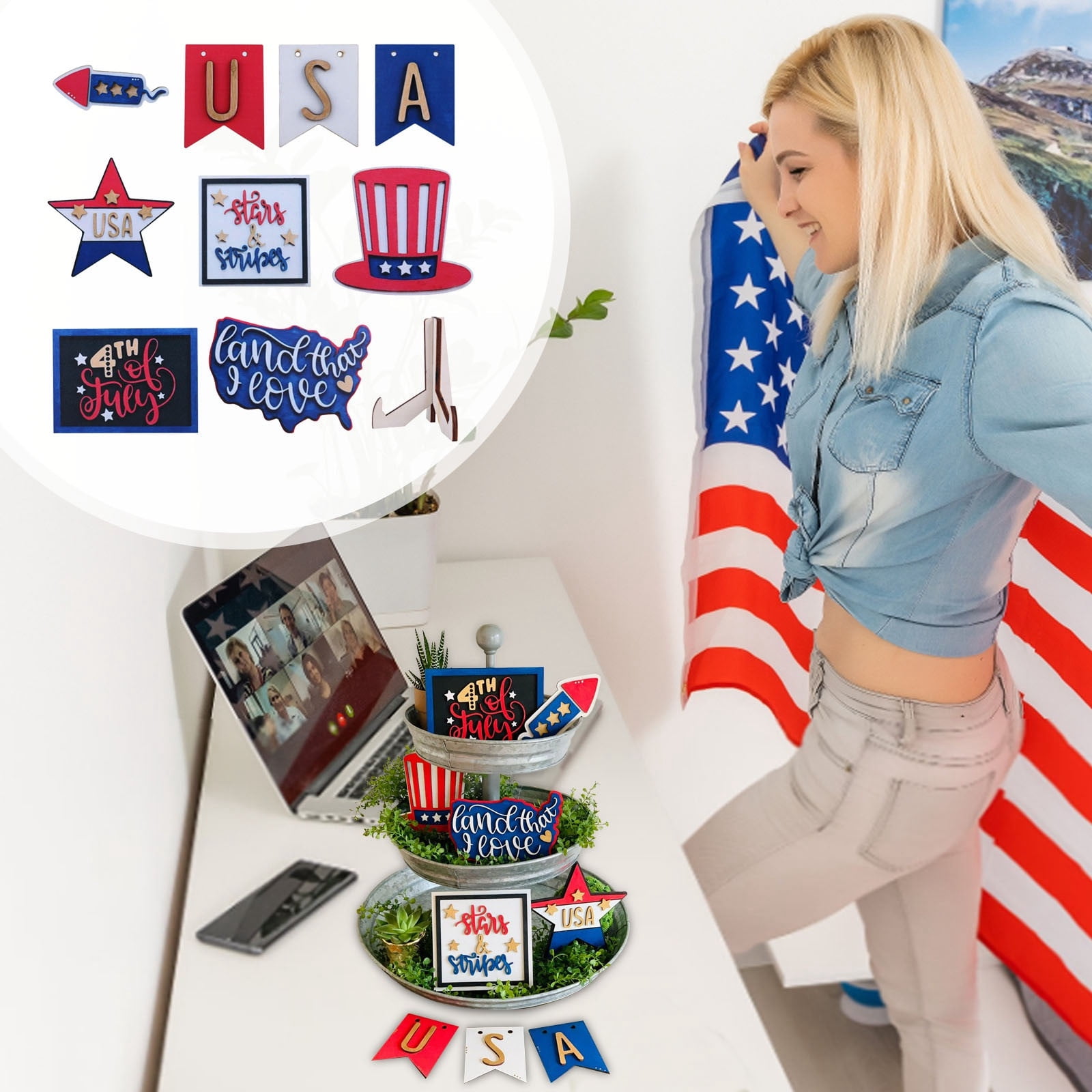 Clearance independence day Tiered Tray Decor Wood Patriotic Decorations ...