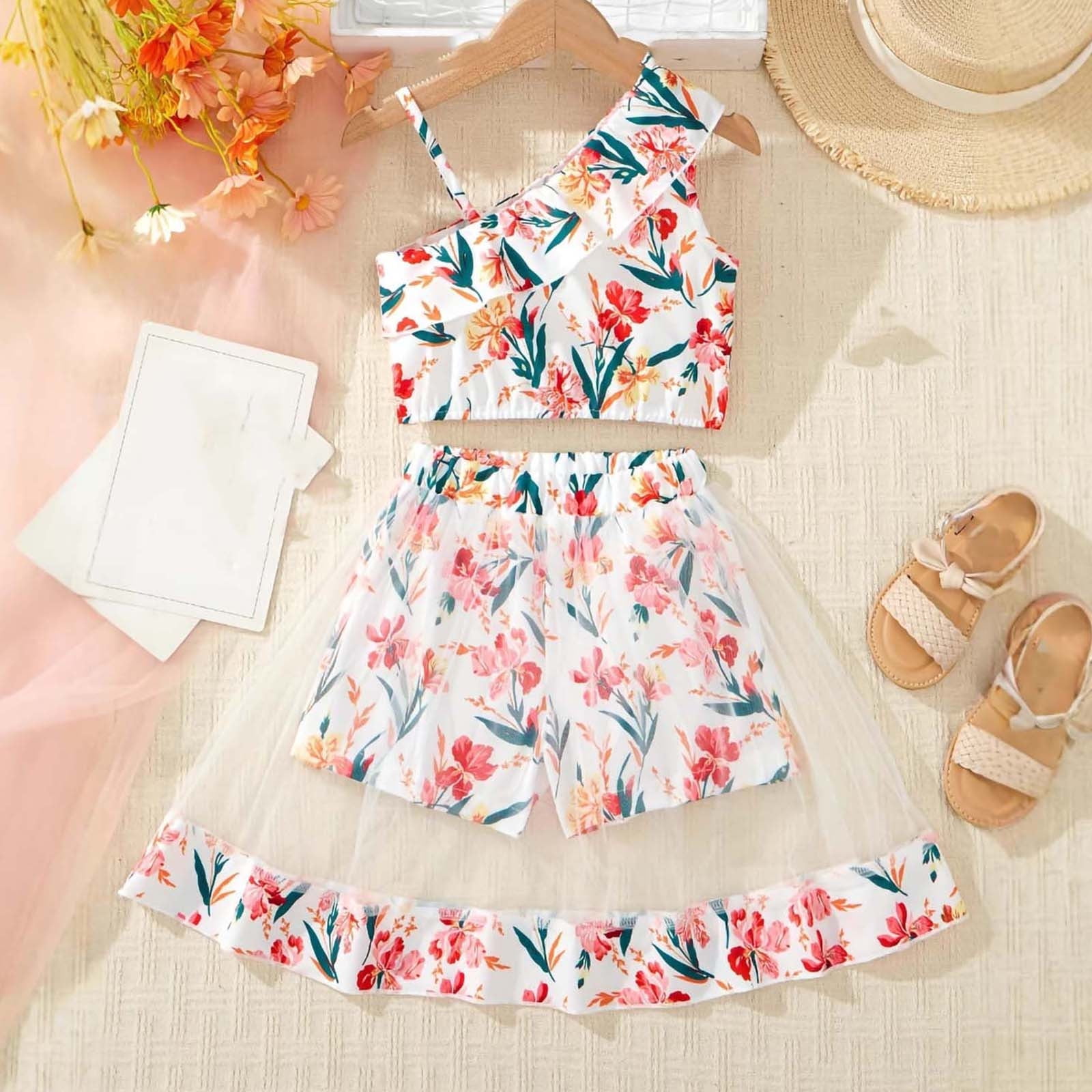 qolati Girl's 2 Piece Outfits Floral Graphic Ruffle One Shoulder Tank ...