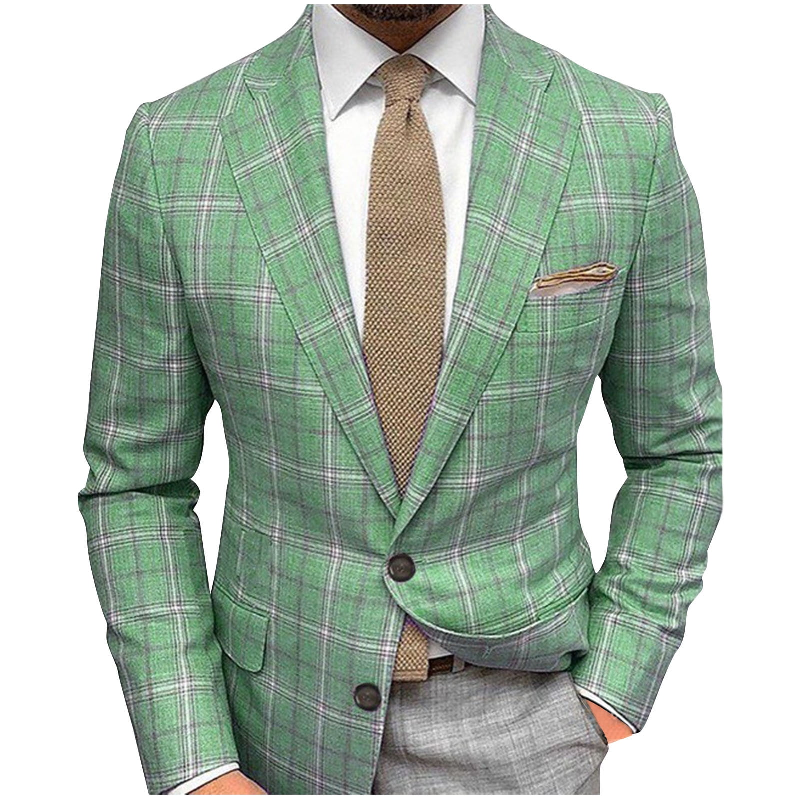 Clearance qolati Mens Formal Suit Jacket Blazer Plaid 2 Button Closure ...