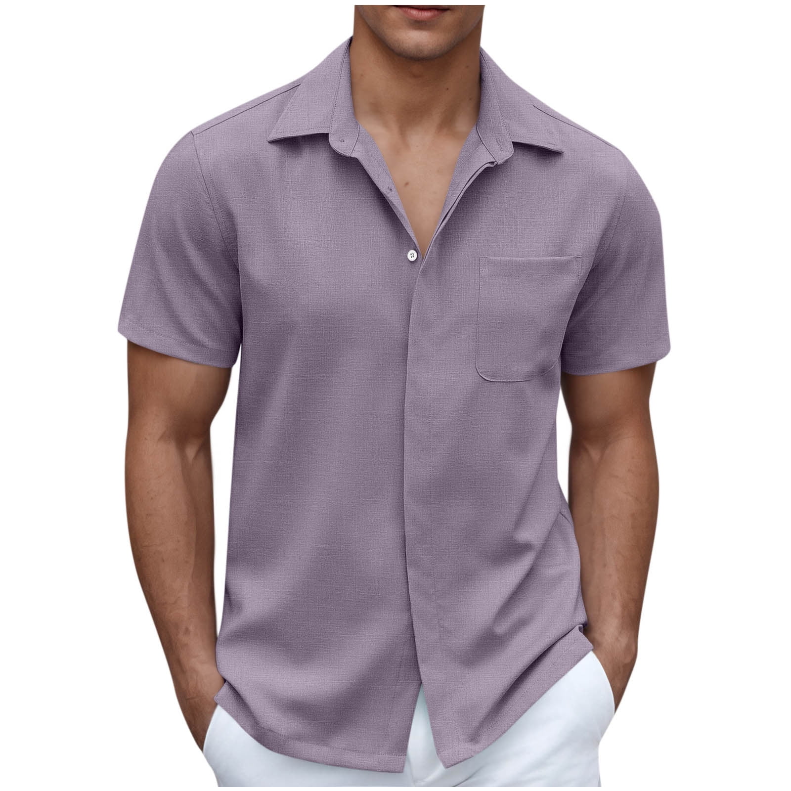 qolati Mens Short Sleeve Dress Shirt Lapel Collar Solid Casual Button ...