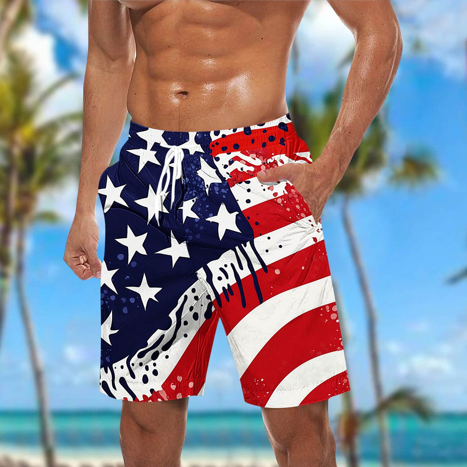 qolati Mens Swim Trunks American Flag Bathing Suit 5 Inch Elastic ...