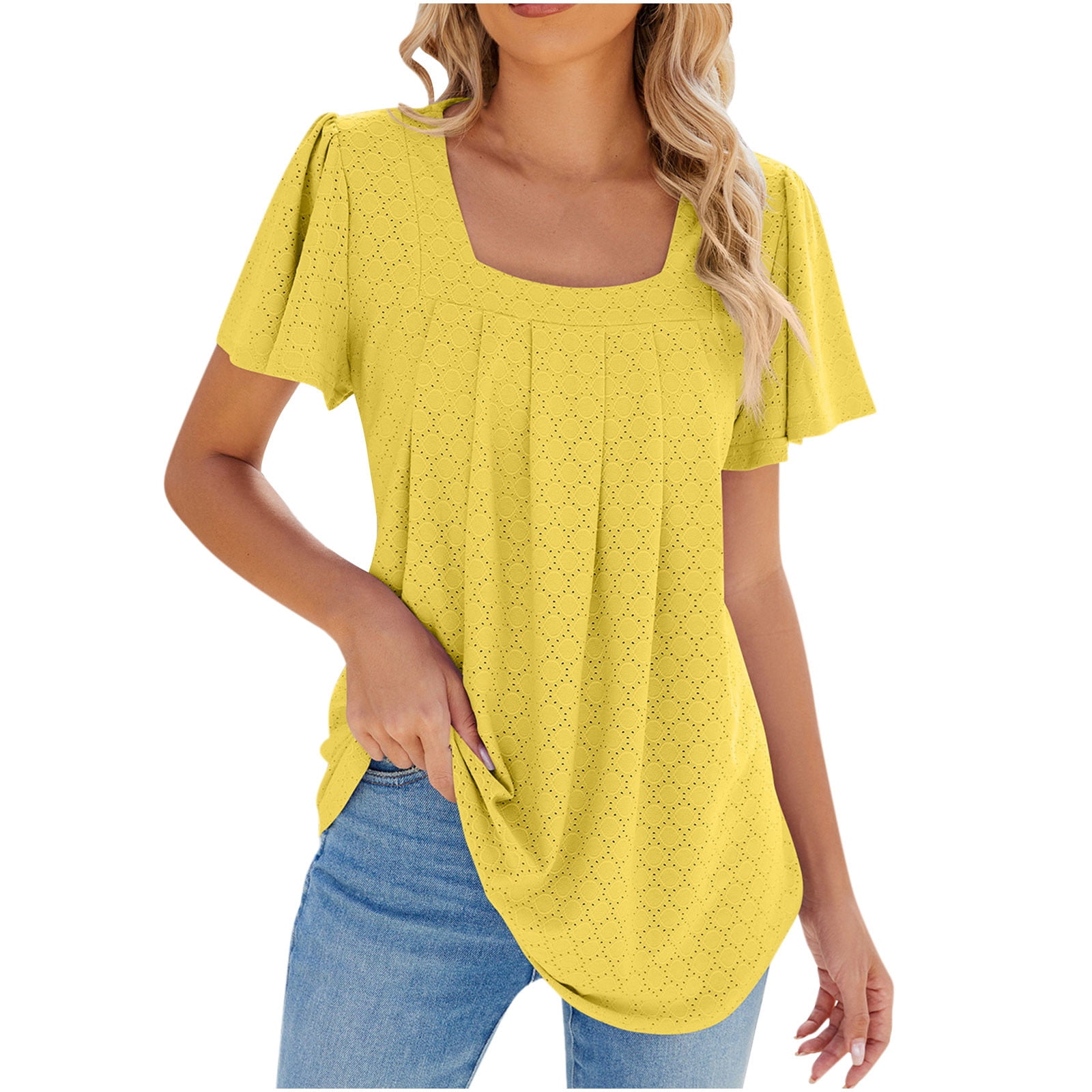 qolati Women's Ruffle Bell Short Sleeve Top Loose Fit Pleated Square ...