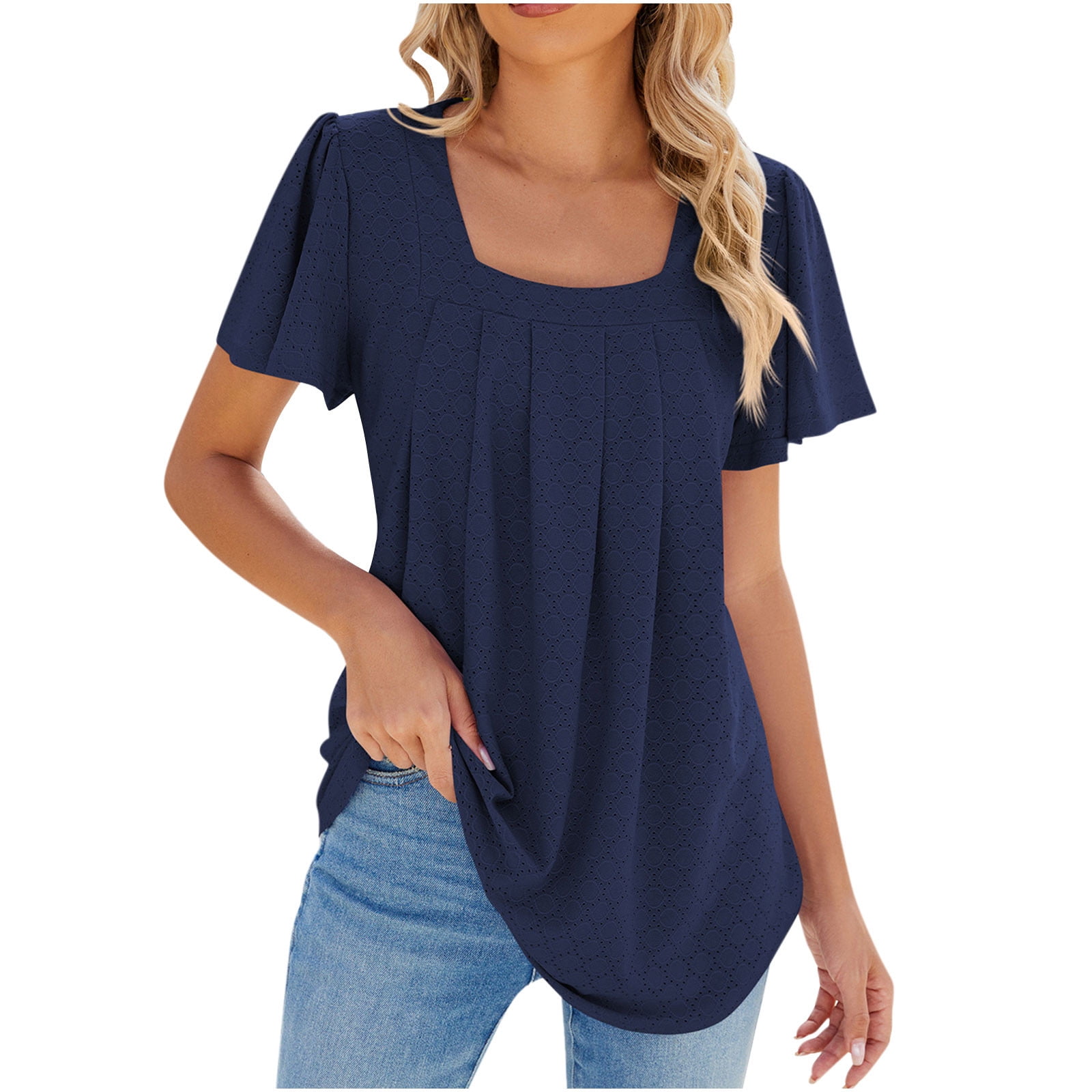 qolati Women's Ruffle Bell Short Sleeve Top Loose Fit Pleated Square ...
