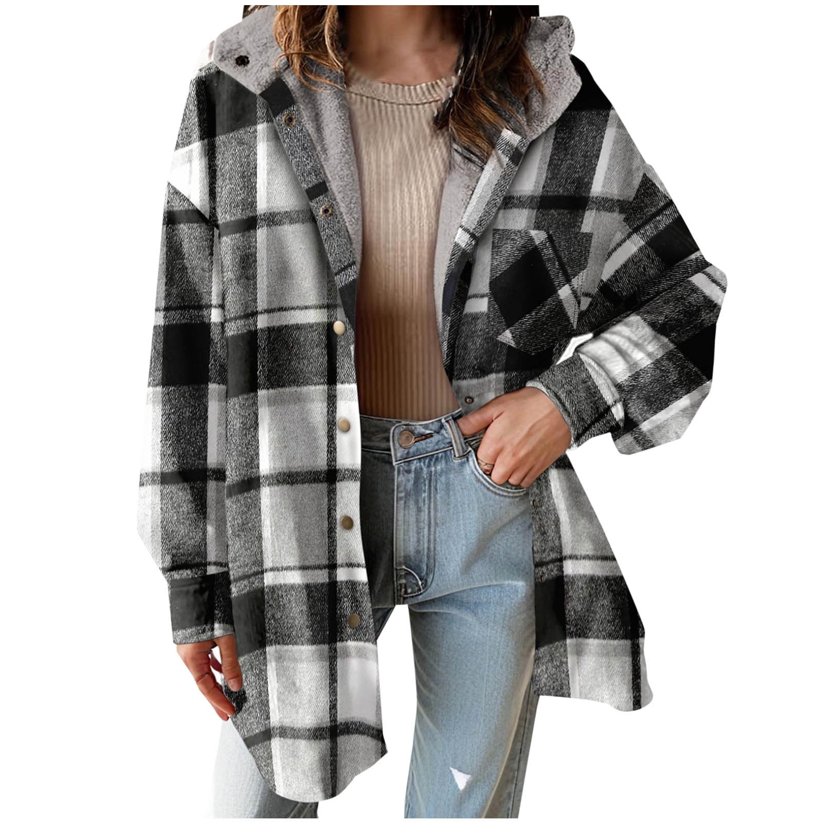 qolati Womens Fleece Plaid Shackets Button Down Hoodies Jackets Casual ...