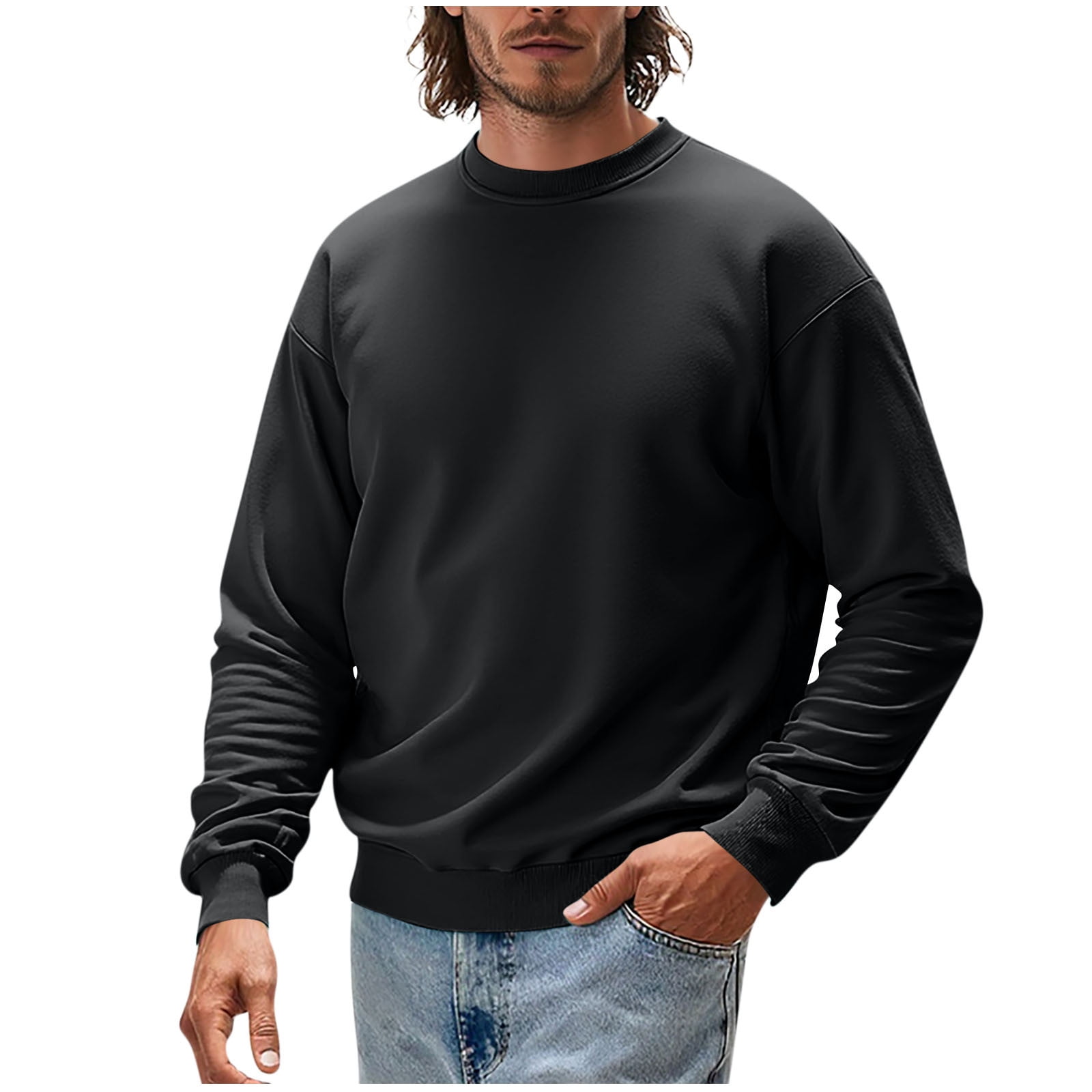 Sevevn Men's Casual Pullover Solid Color Crew Neck Sweatshirt Long ...