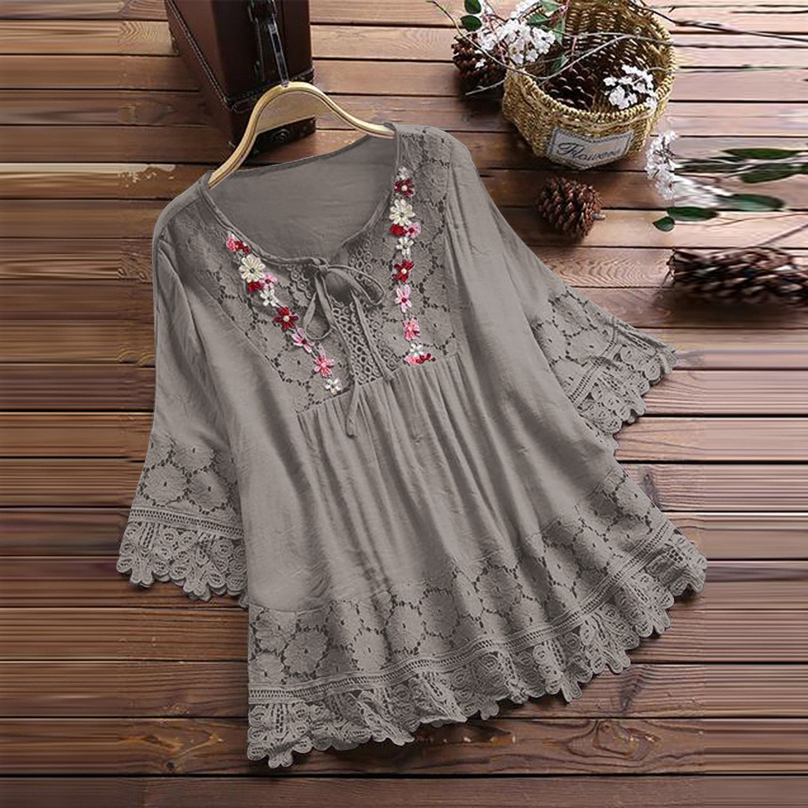 Summer Women Blouses Sawvnm Women Vintage Lace Patchwork Bow V-Neck ...