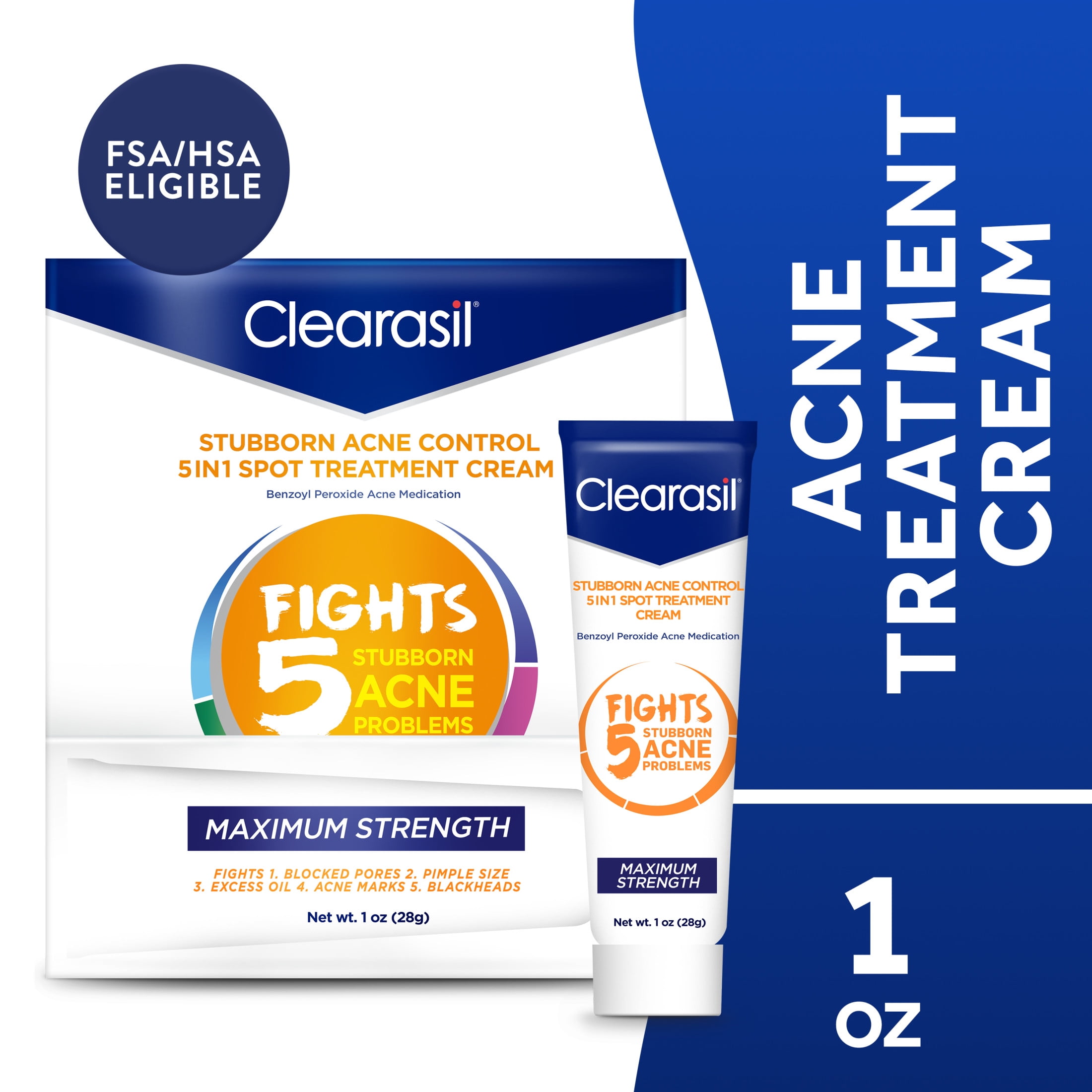 Clearasil Benzoyl Peroxide Stubborn Acne Spot Treatment Cream, 1 oz ...