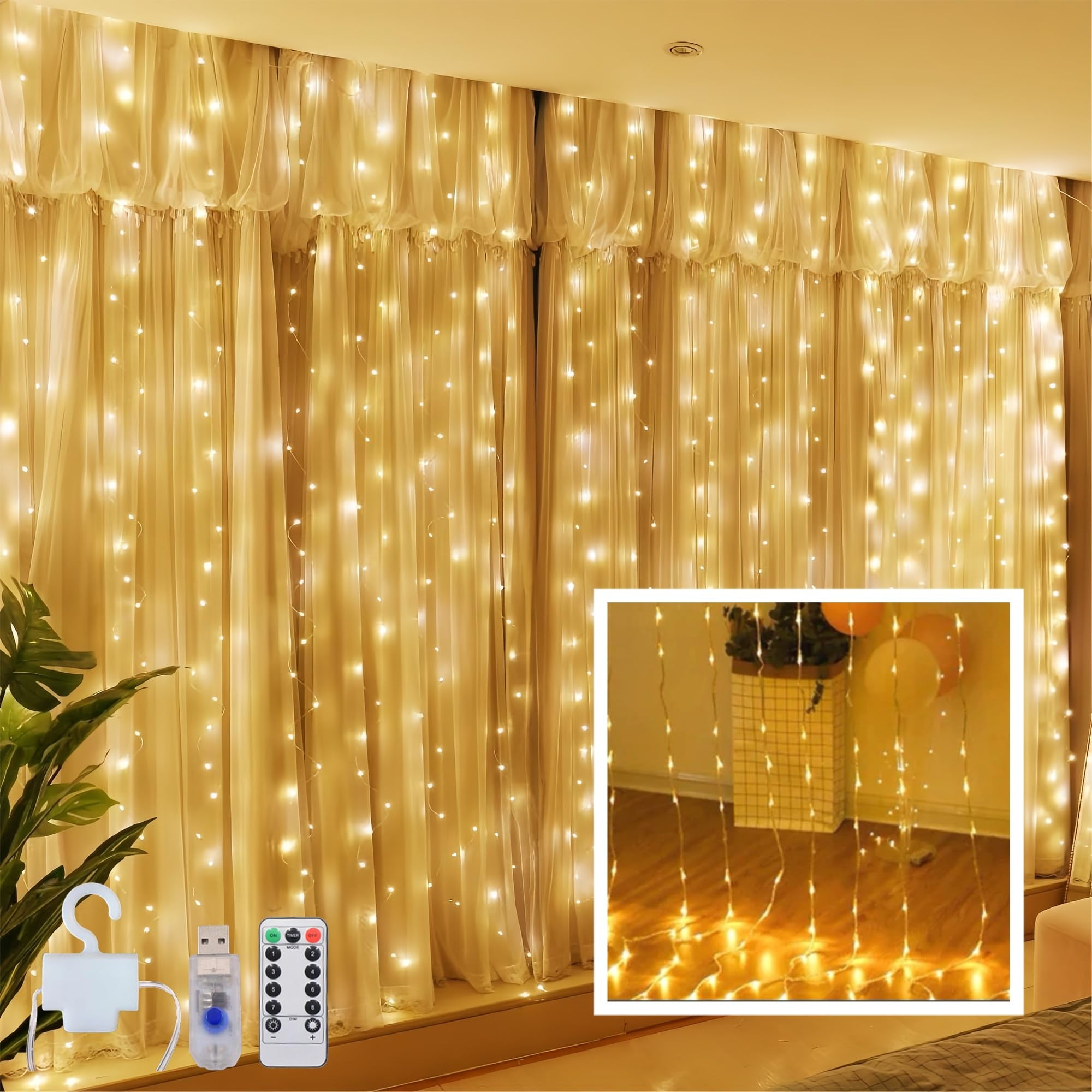 Clearhill 3*3Curtain String Lights 300LED Warm 8 Modes Soft wire ...
