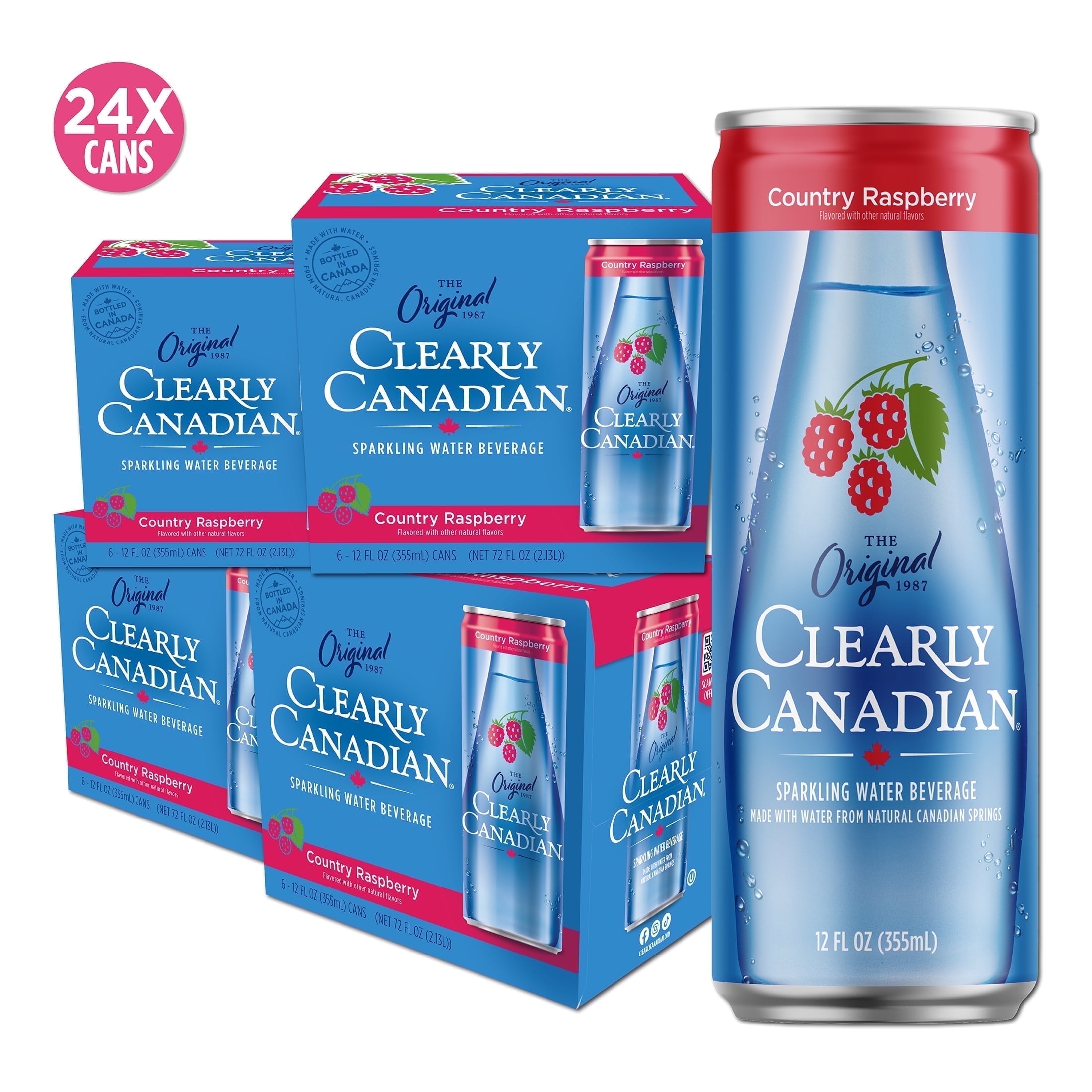 Clearly Canadian Country Raspberry Sparkling Water, 12 oz Slim Cans, 24 ...