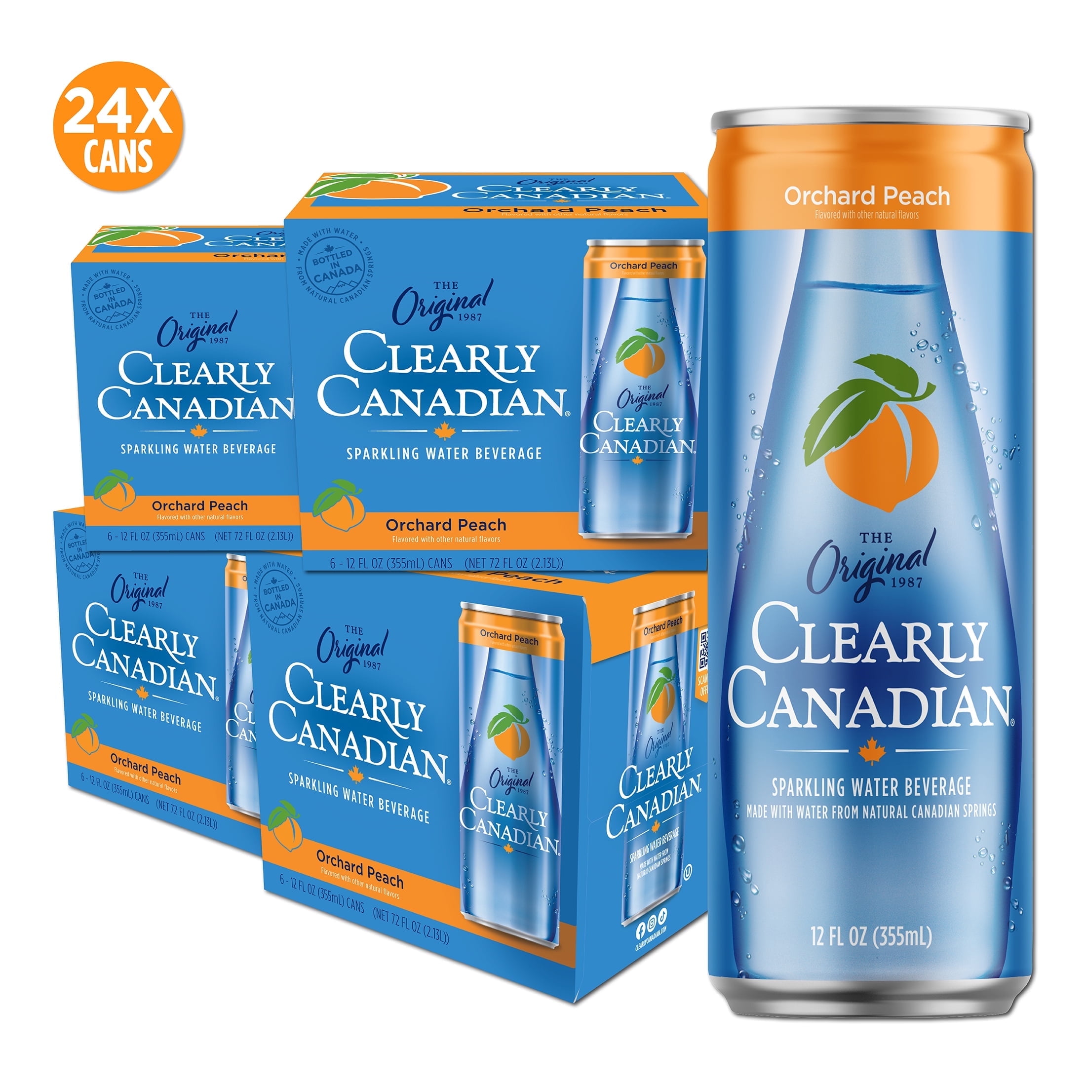 Clearly Canadian Orchard Peach Sparkling Water, 24-Pack, 12 oz Cans, Refreshing Fizzy Drink ...
